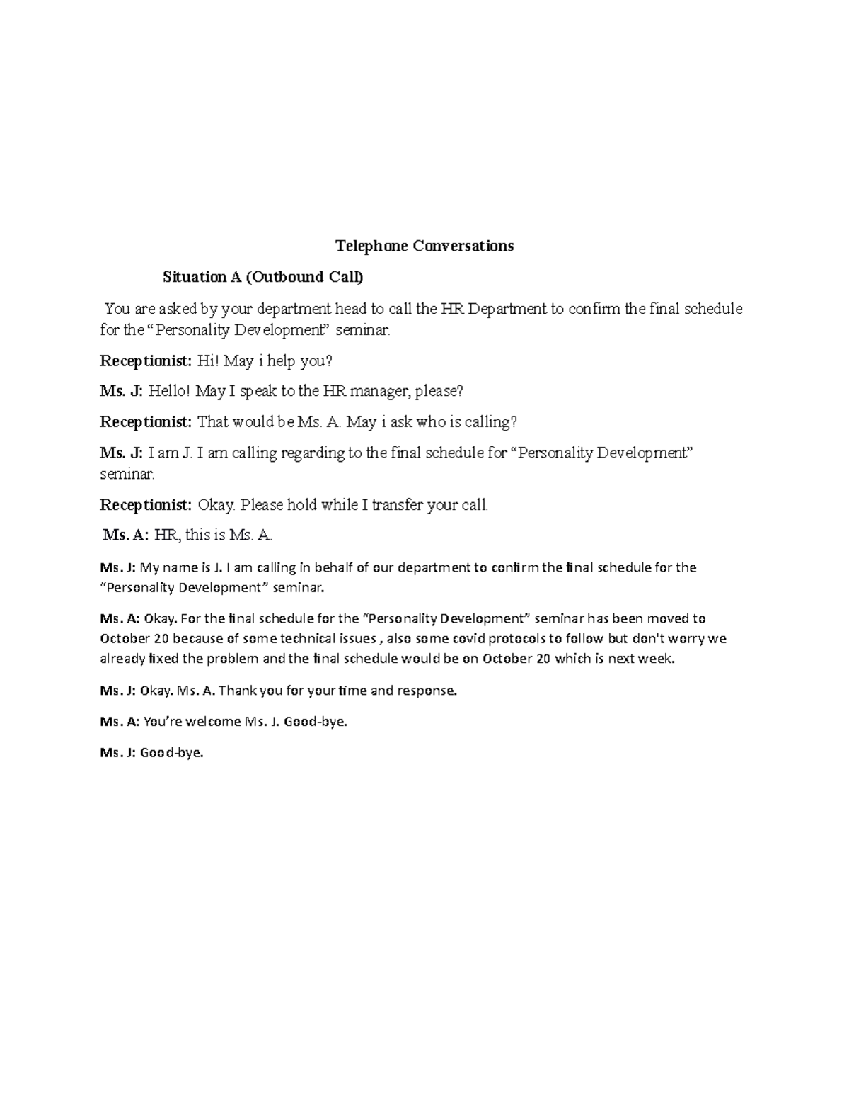 English P. Telephone Conversation - Telephone Conversations Situation A ...