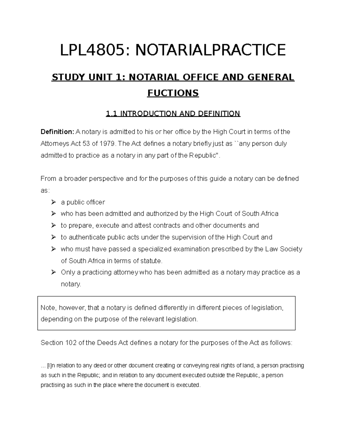 LPL4805 Notarial Practice summary - LPL4805: NOTARIALPRACTICE STUDY ...