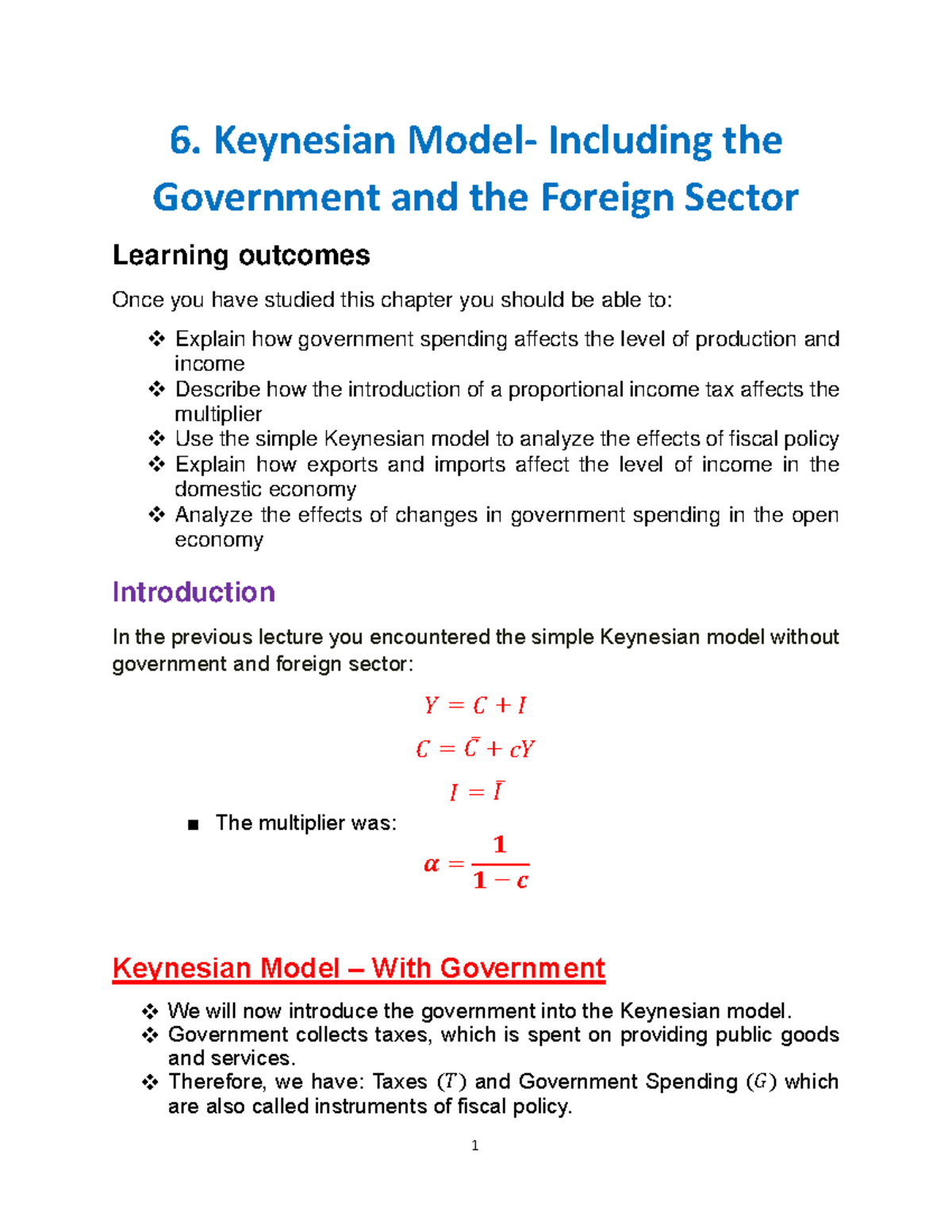 Keynesian Models Including the Government and the Foreign Sector - 6 ...