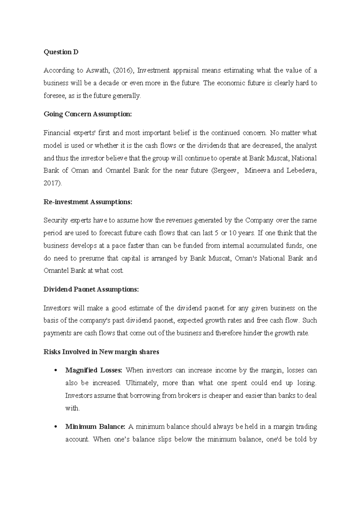 1700 word - Assignments - Question D According to Aswath, (2016 ...