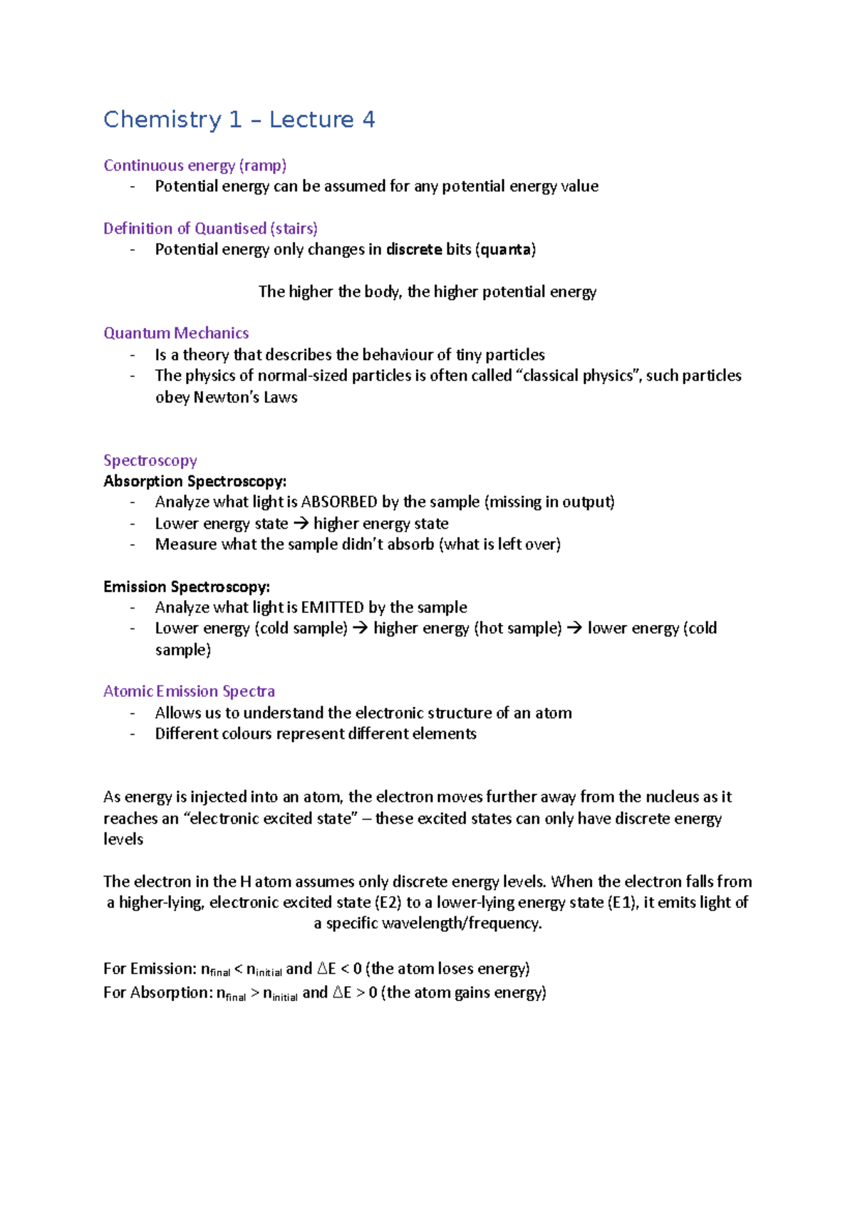 Chemistry Lecture 4 Notes - Chemistry 1 – Lecture 4 Continuous energy ...