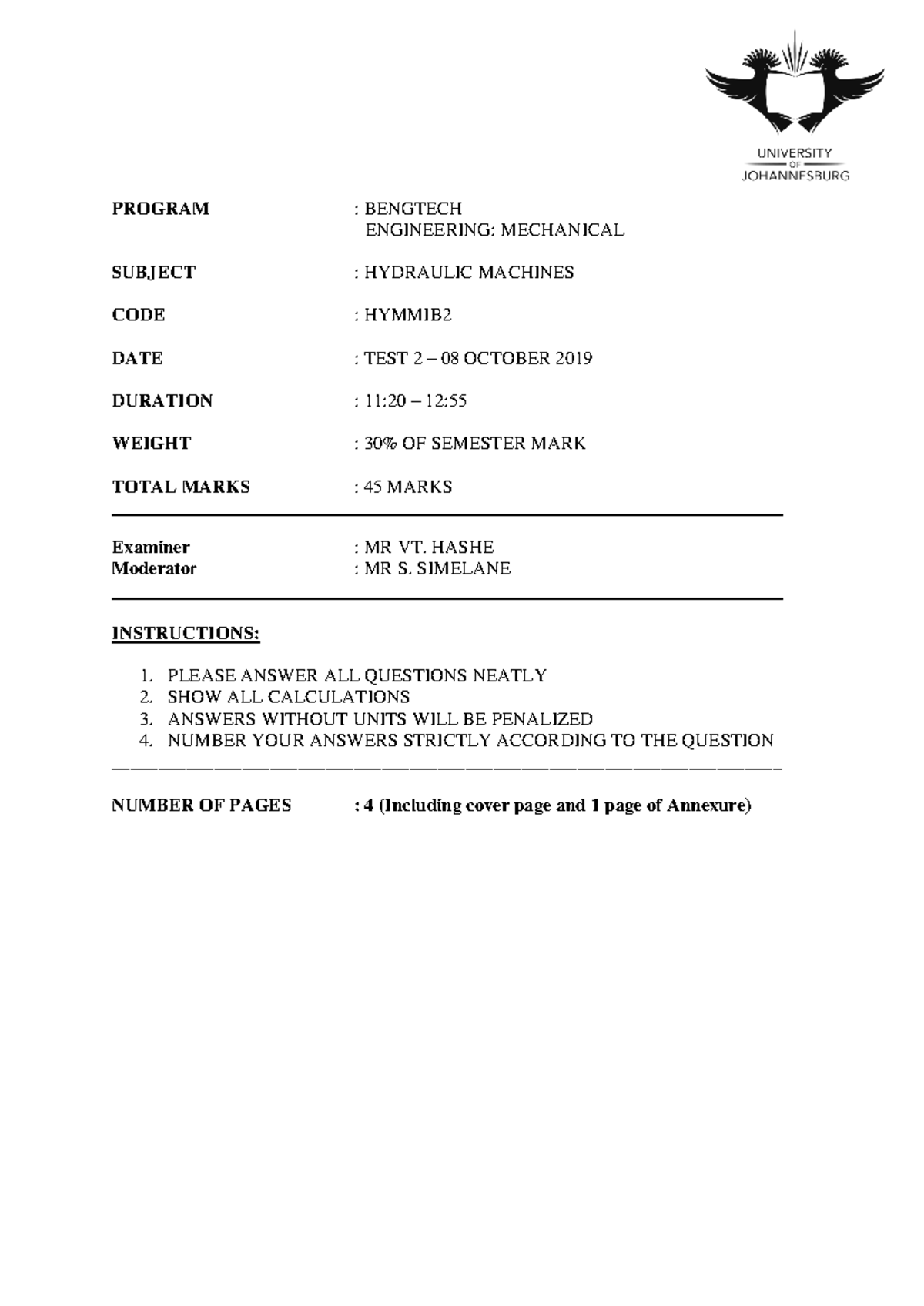 Test 2 - Test 2 2019 question paper - PROGRAM : BENGTECH ENGINEERING ...