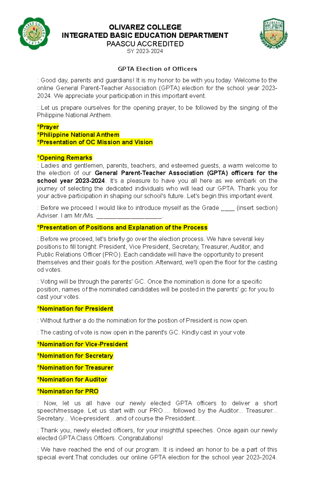 GPTA-Election-Script - OLIVAREZ COLLEGE INTEGRATED BASIC EDUCATION ...