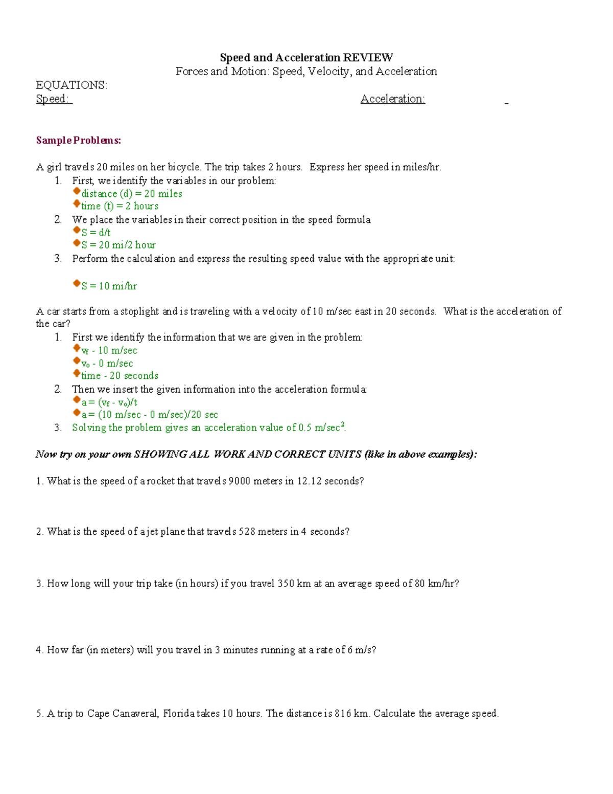 Speed and acceleration review wksheet - Speed and Acceleration REVIEW ...