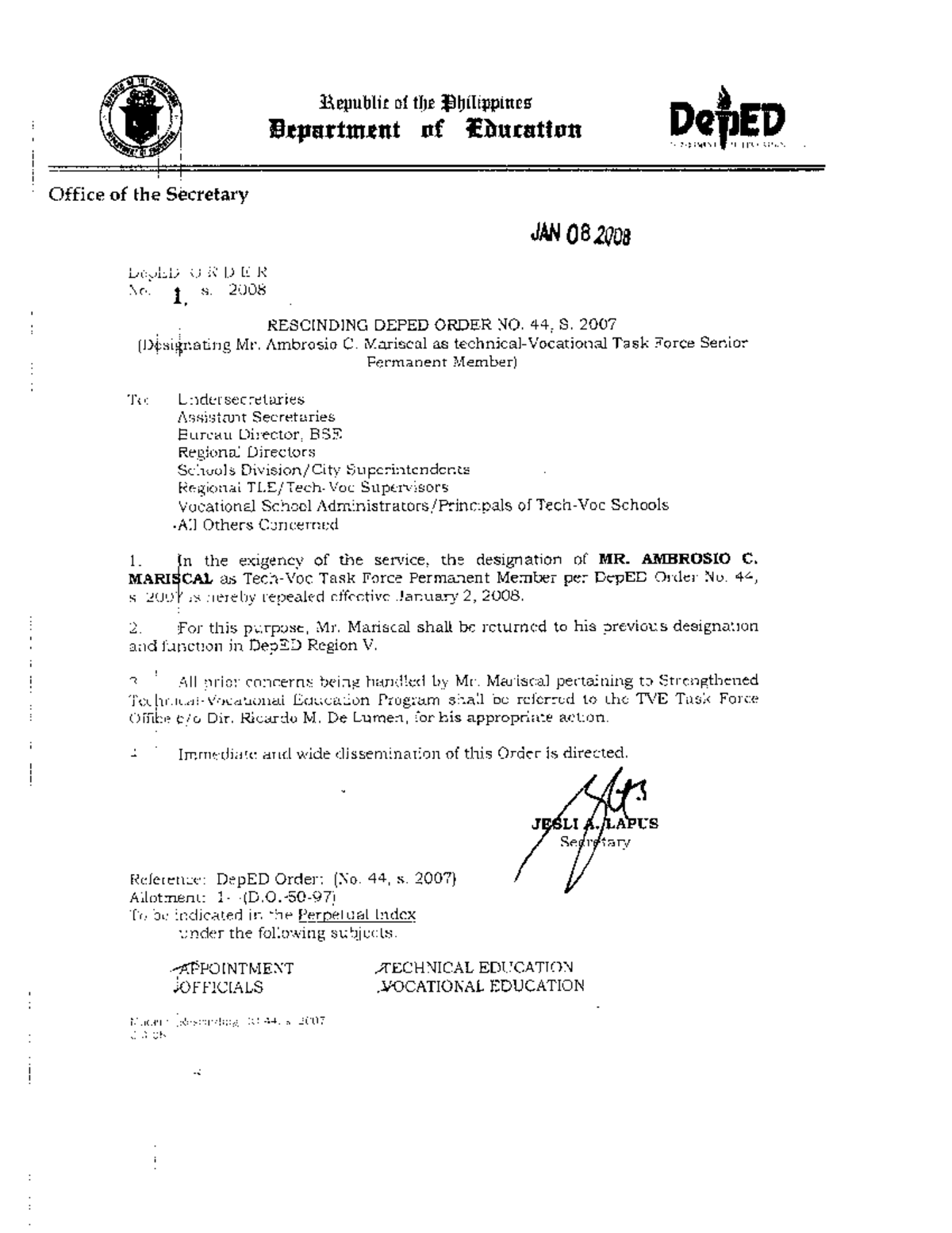 Rescinding Deped Order NO. 44, S. 2007 - General Education - Studocu