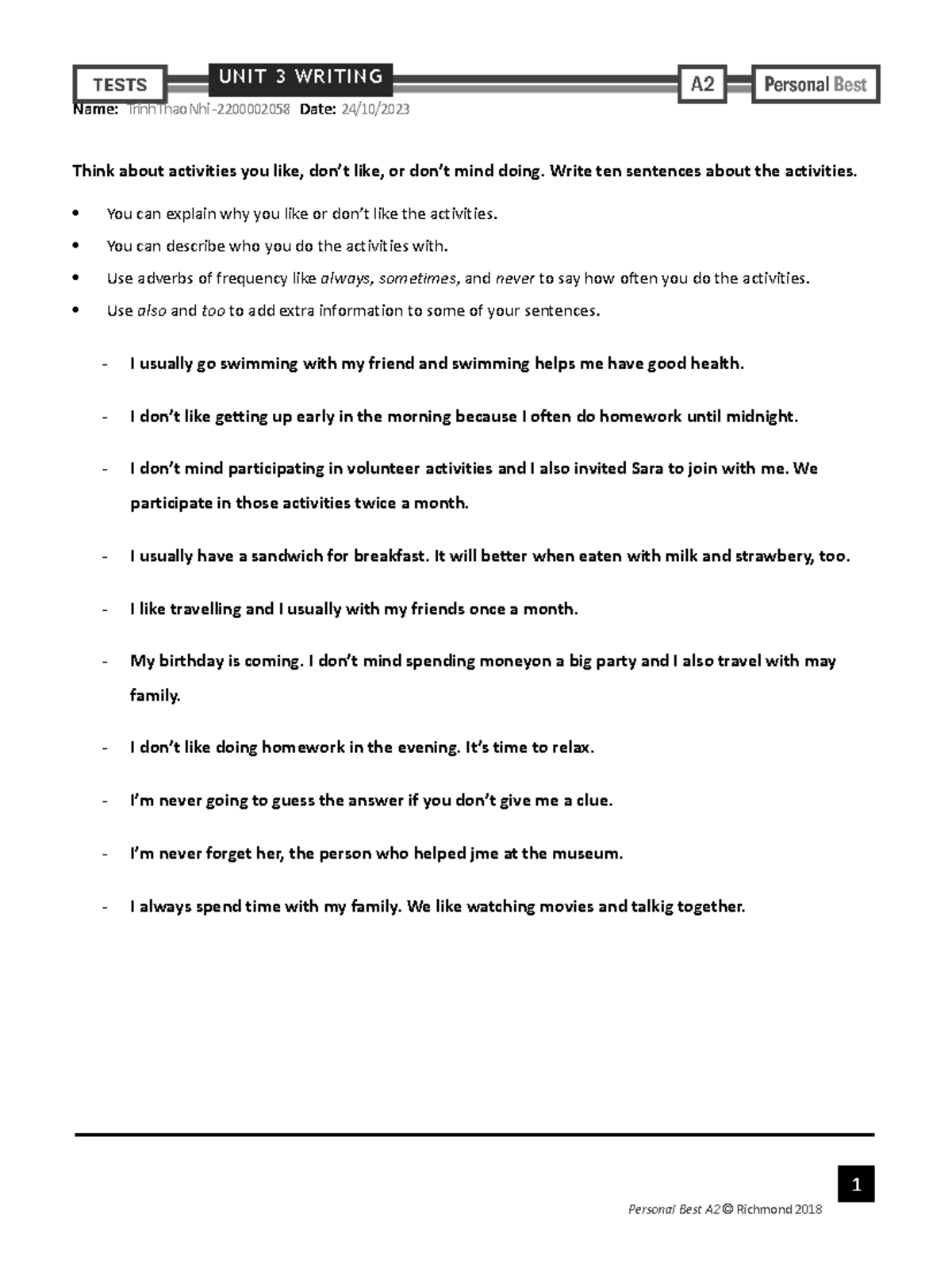 UNIT 3 Writing - Avcn3 - UNIT 3 WRITING Name: Trinh Thao Nhi ...