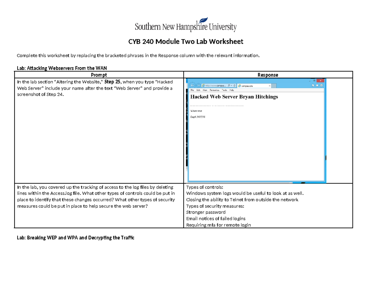 CYB 240 Module Two Lab Worksheet - CYB 240 Module Two Lab Worksheet Complete this worksheet by ...