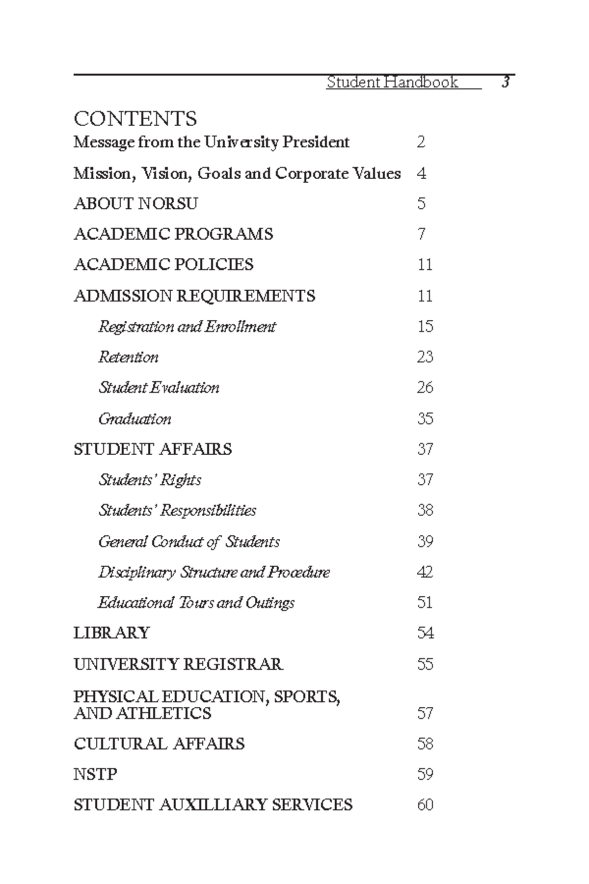 Student Handbook - CONTENTS Message from the University President ...