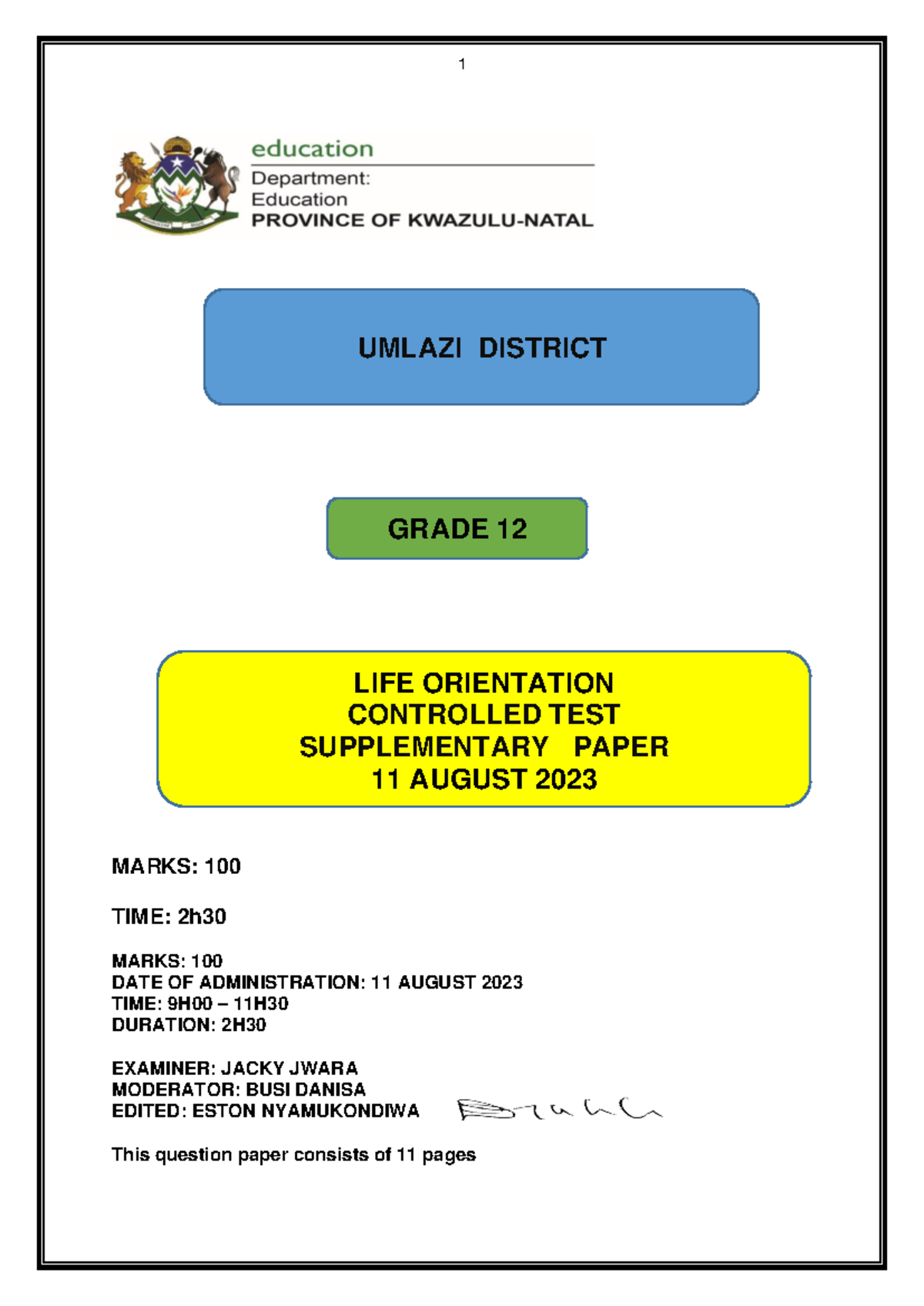GR 12 Supplementary Paper Moderated 2023 - MARKS: 100 TIME: 2h MARKS ...