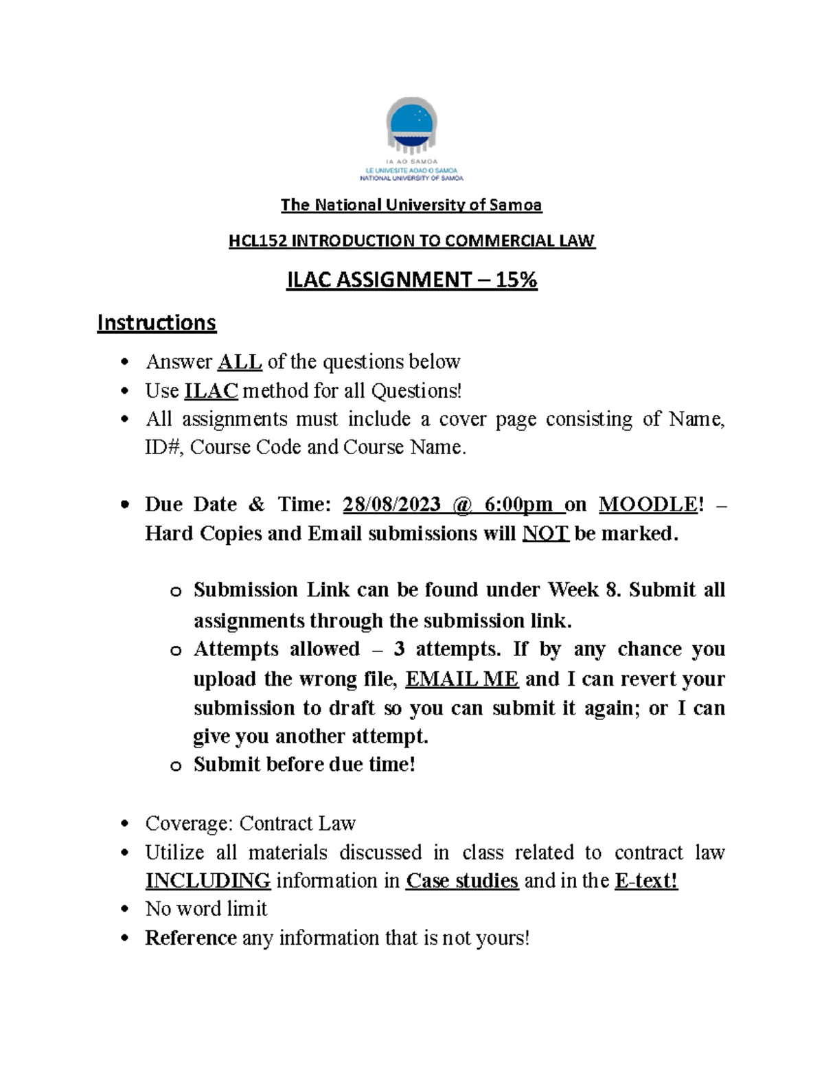 HCL 152 ILAC Assignment 2023 - The National University of Samoa HCL152 ...