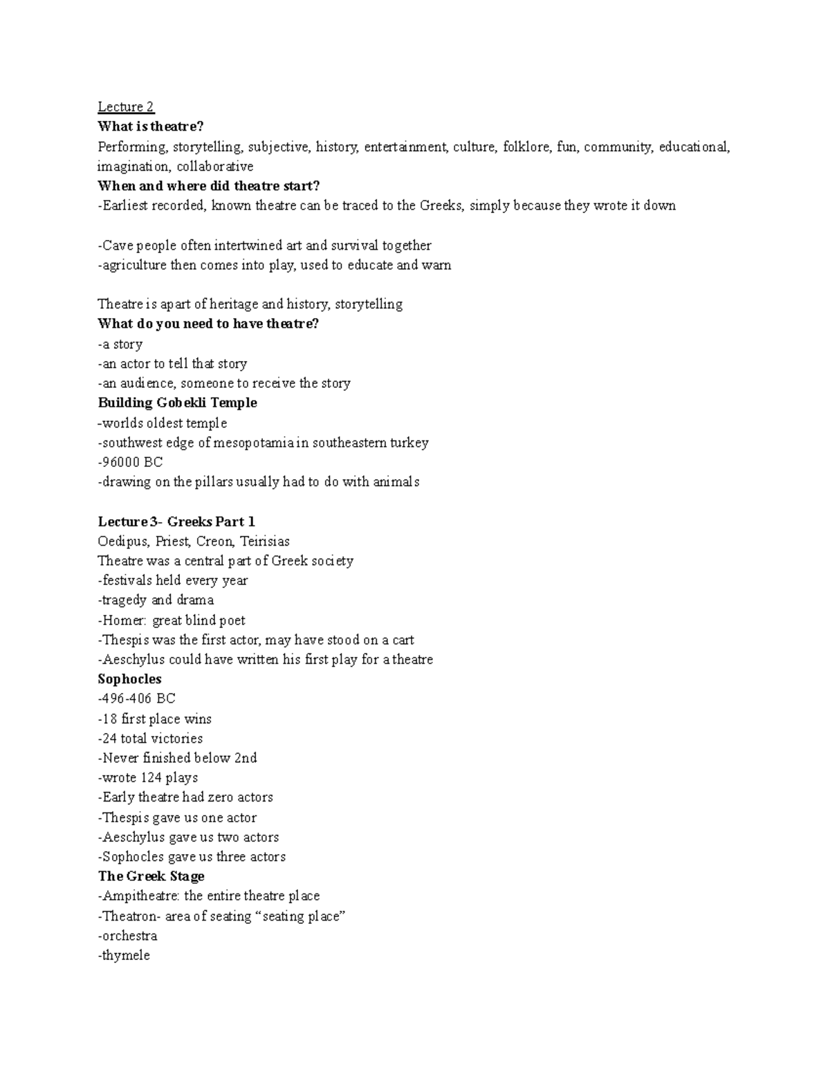 Western Theatre Notes - Lecture 2 What is theatre? Performing ...