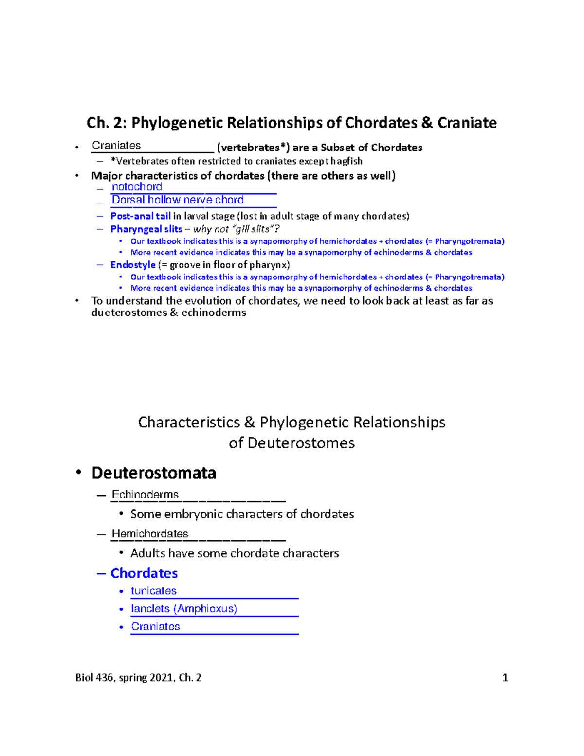 Biol 436 Ch02 Craniate-phylogeny notes - - Studocu