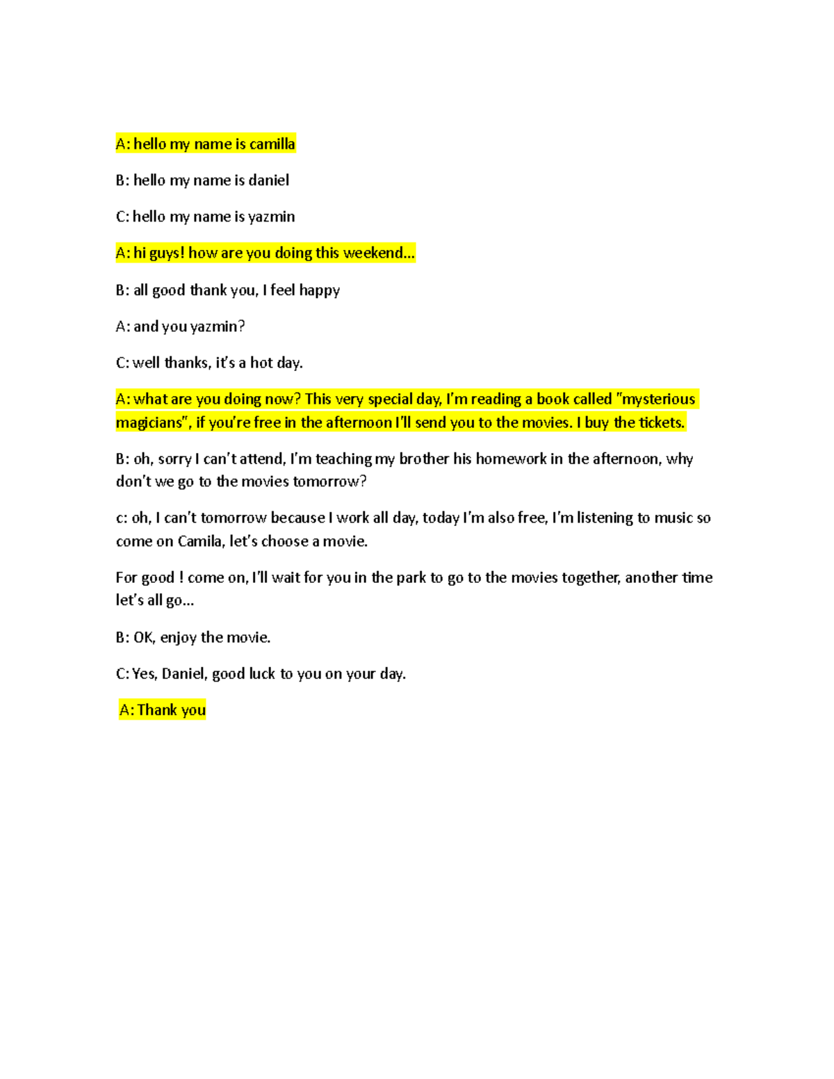 A - MY BEST Birthday GIFT dialogo semana 13 ingles 3 - A: hello my name ...