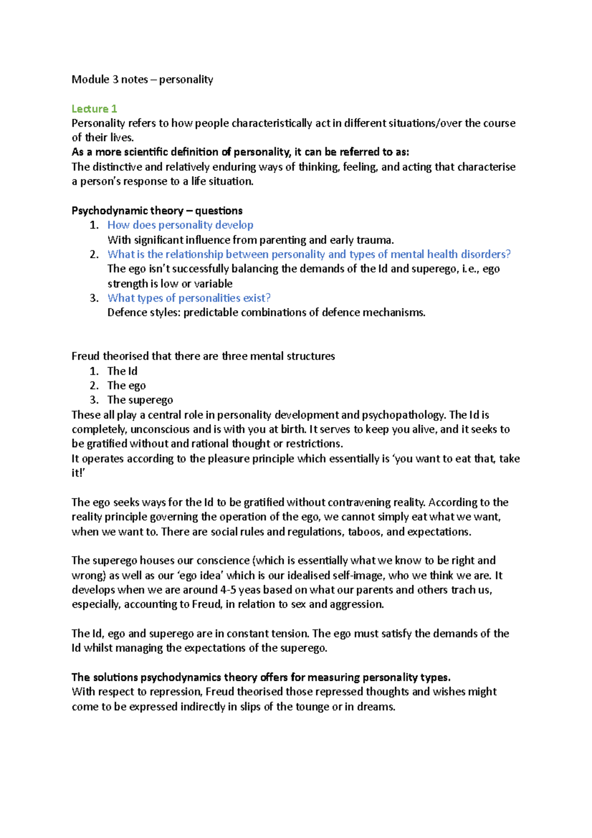 Module 3 notes - Module 3 notes – personality Lecture 1 Personality ...