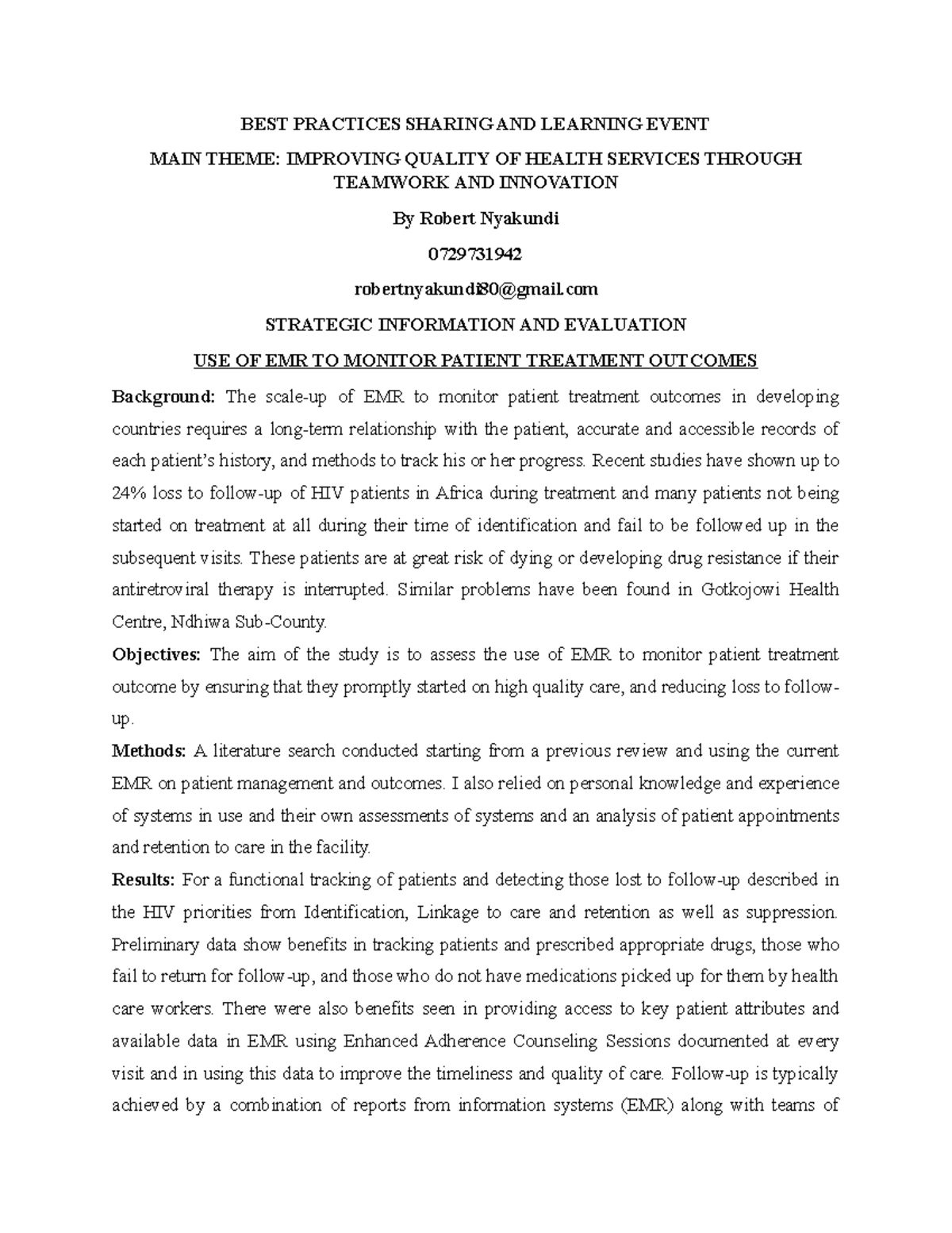 Abstract - BEST PRACTICES SHARING AND LEARNING EVENT MAIN THEME ...