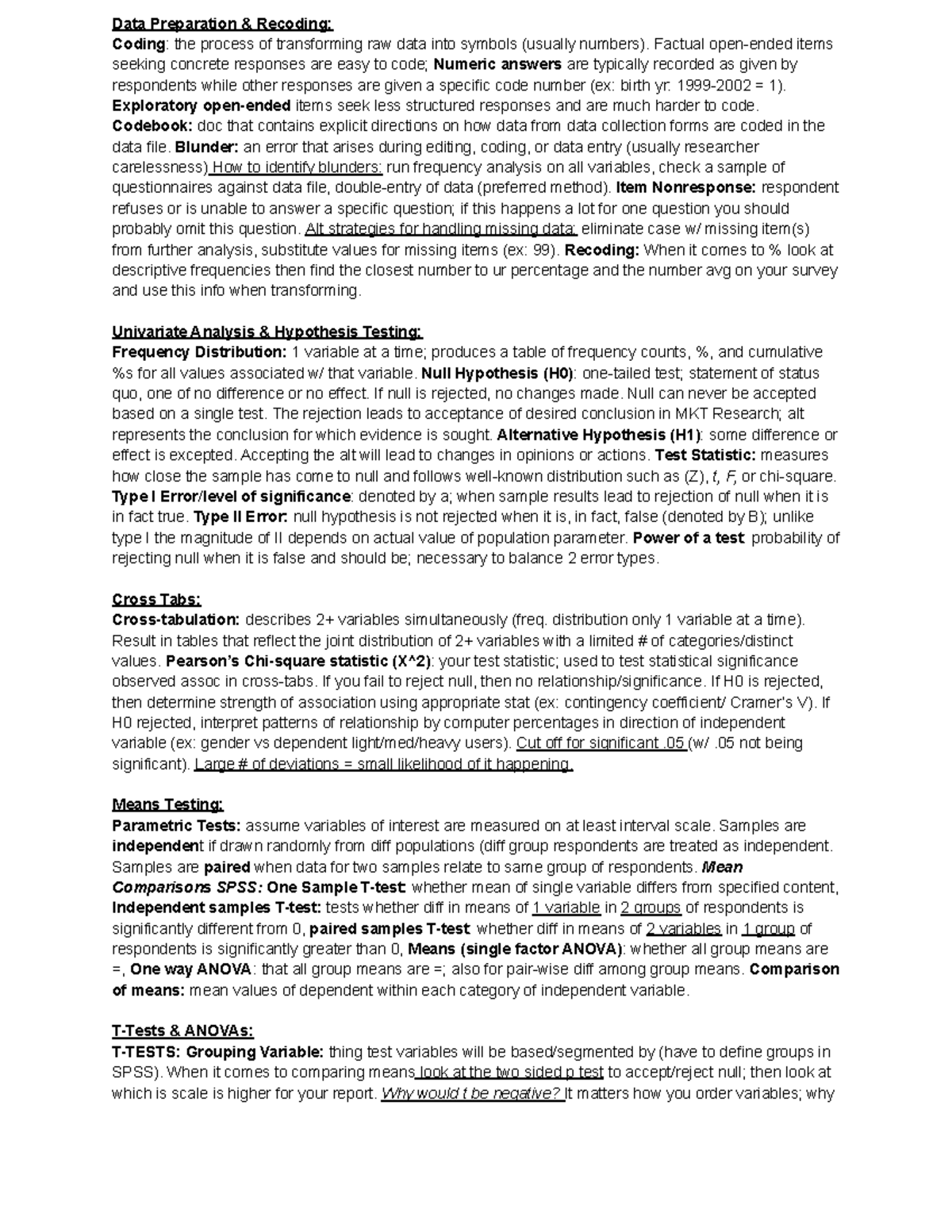 MKT Research SPSS Test 3 Sheet - Data Preparation & Recoding: Coding ...