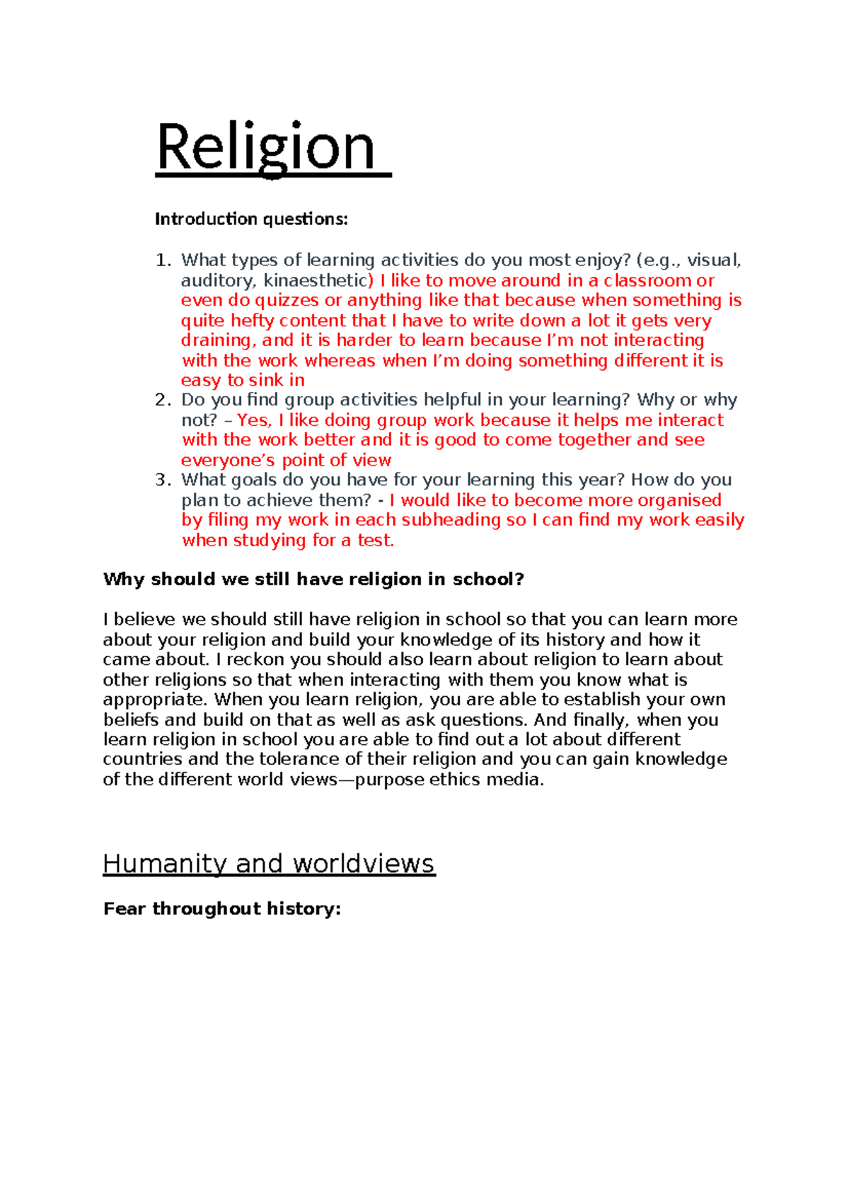 Religion - learning questions - Religion Introduction questions ...