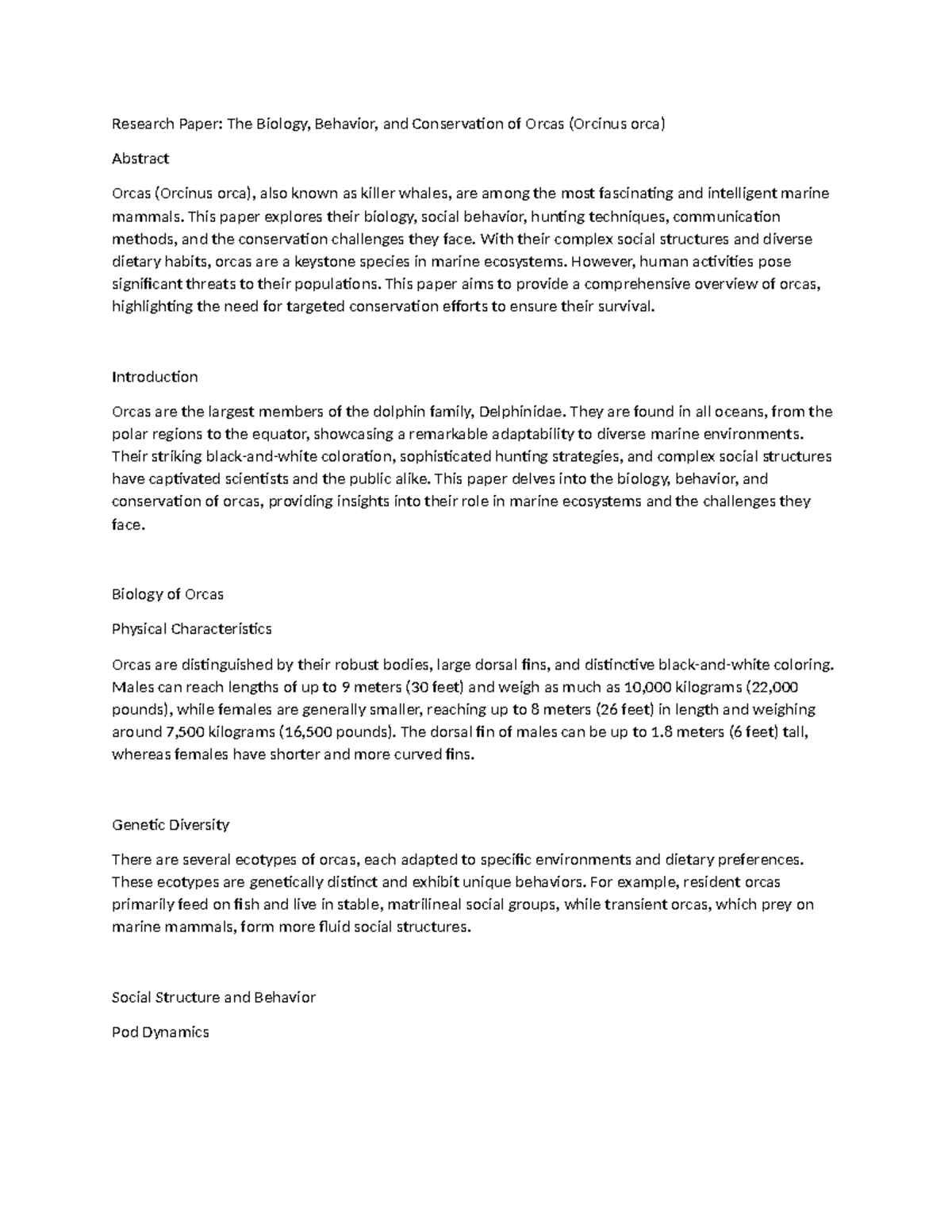 Orca research paper - Research Paper: The Biology, Behavior, and ...