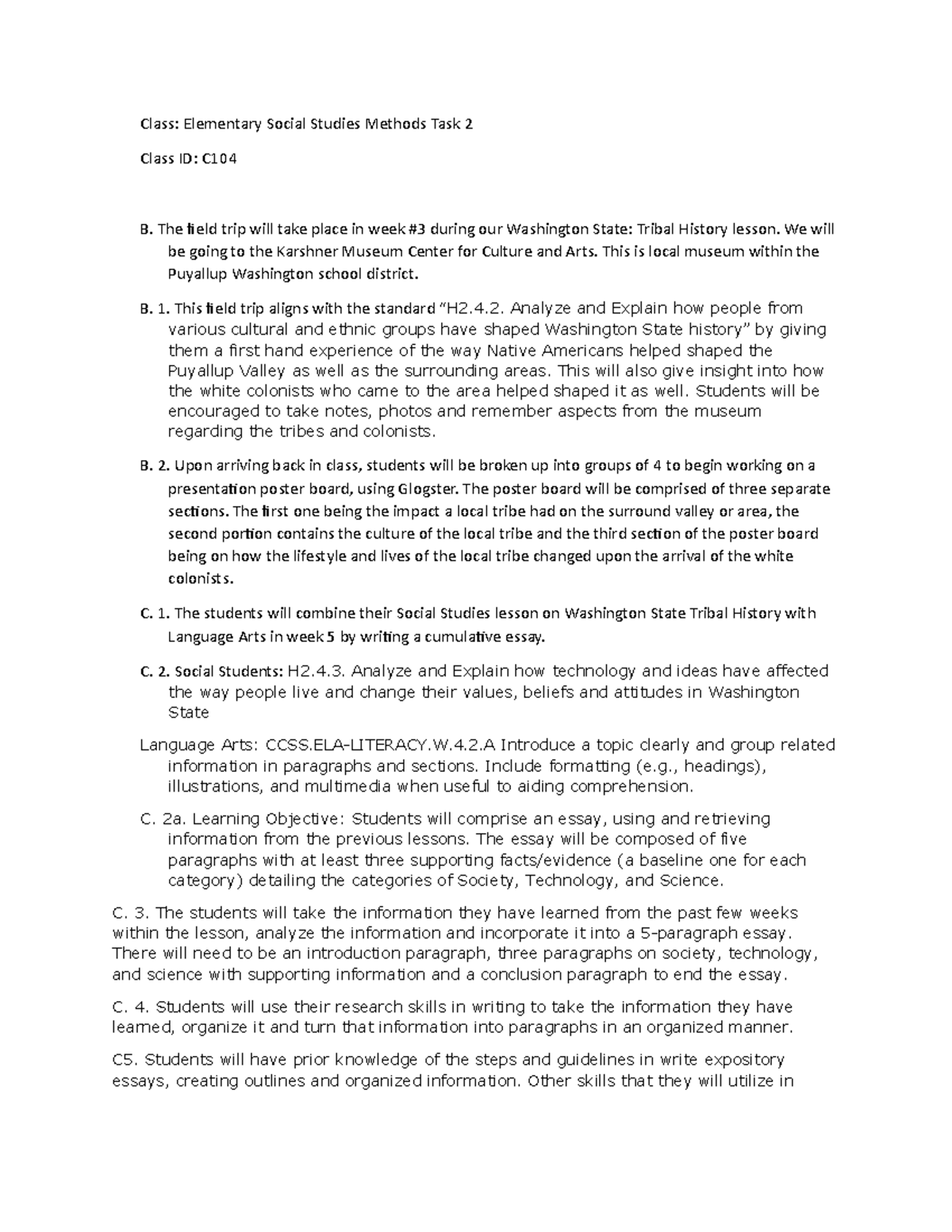 C104 Elementary Social Studies Methods Task 2 Upload - Class ...