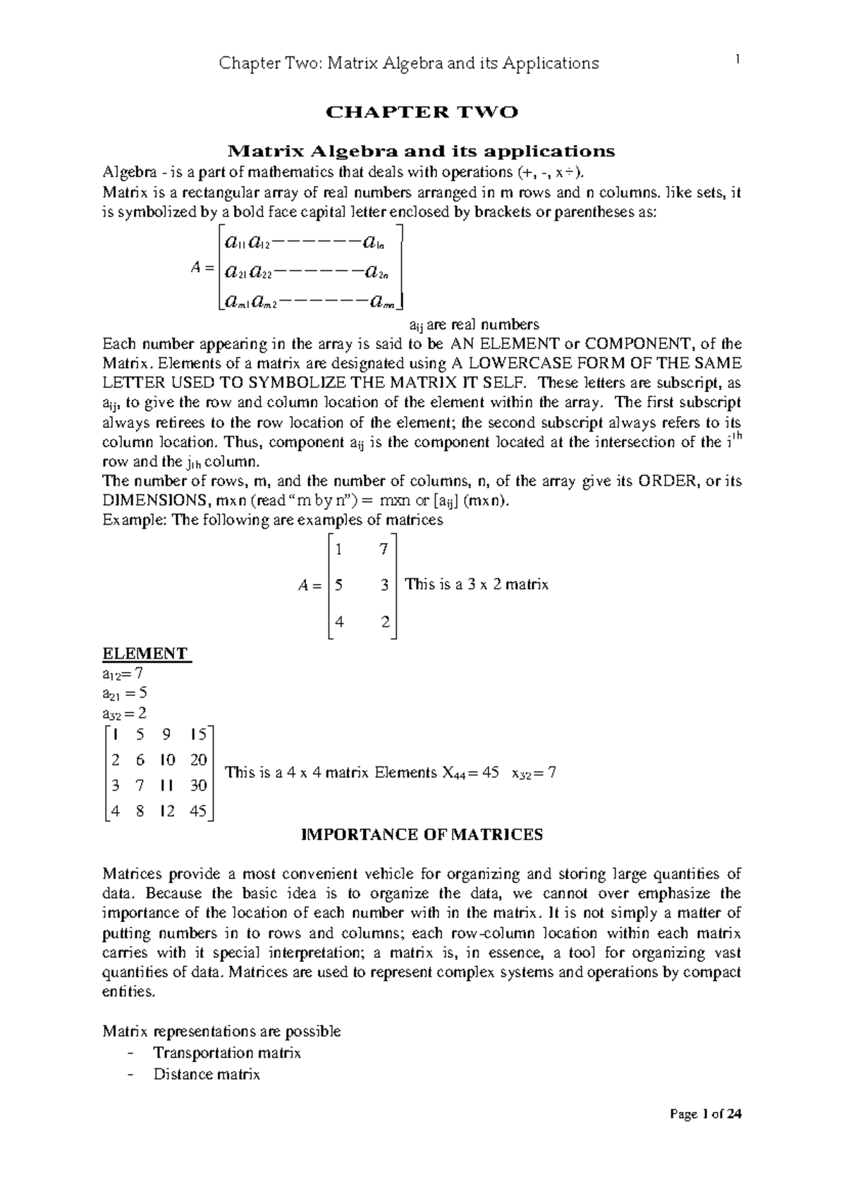 CH-II mathematics for mgmt - Chapter Two: Matrix Algebra and its ...