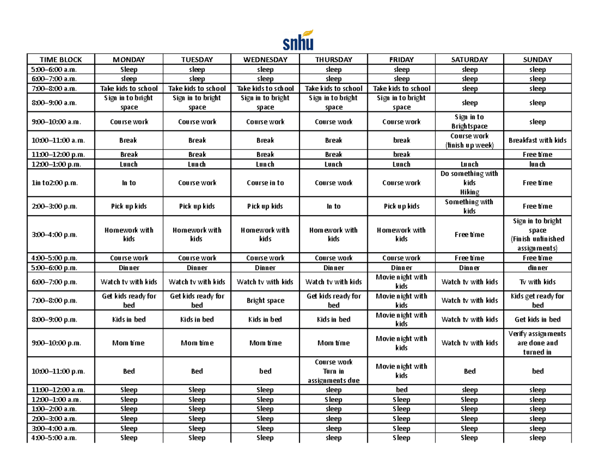 SNHU 107 Project Template - TIME BLOCK MONDAY TUESDAY WEDNESDAY ...