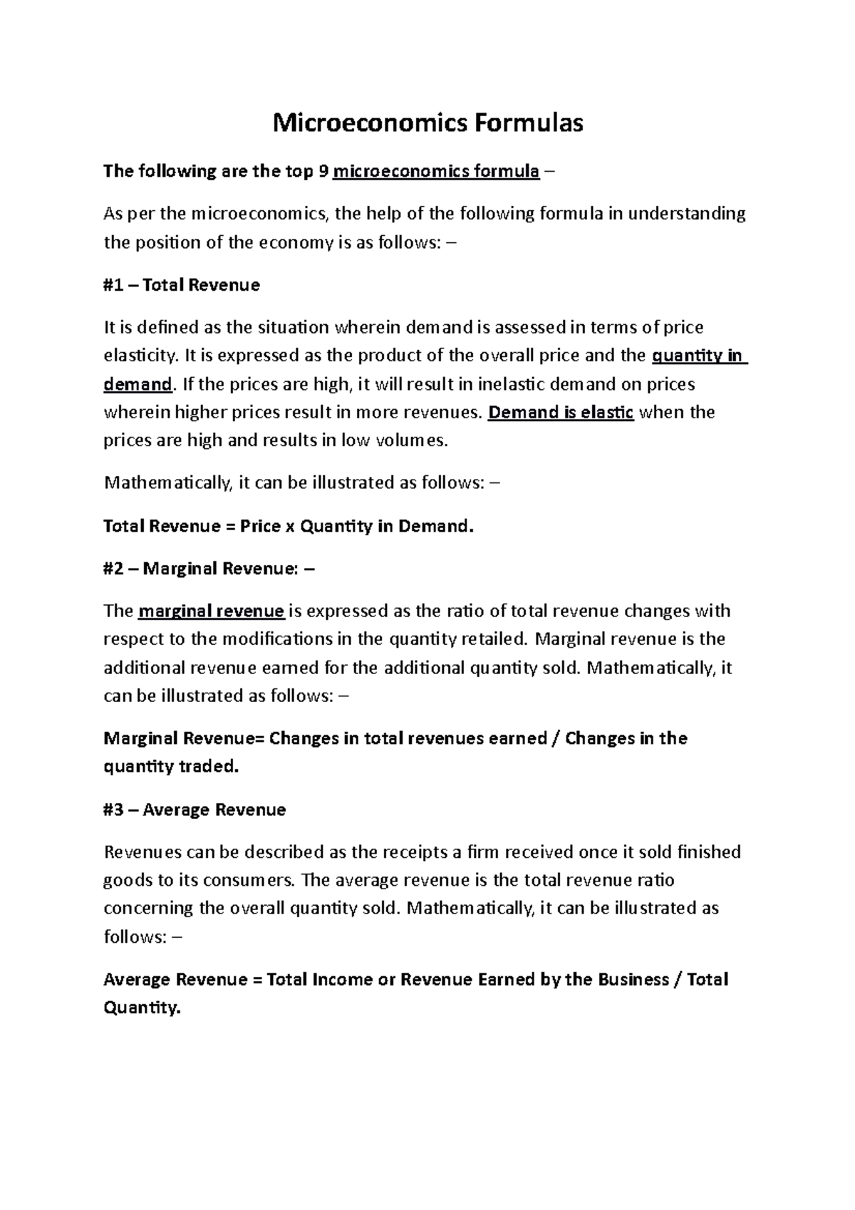 Micro-Economics Formulas - Microeconomics Formulas The following are ...