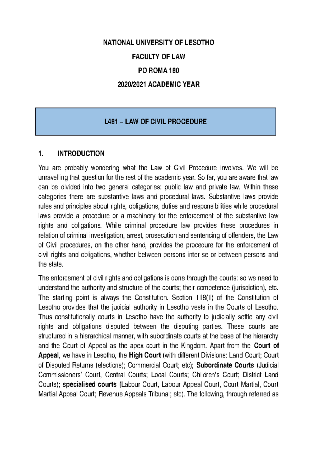 L481 2020 Notes - NATIONAL UNIVERSITY OF LESOTHO FACULTY OF LAW PO ROMA ...