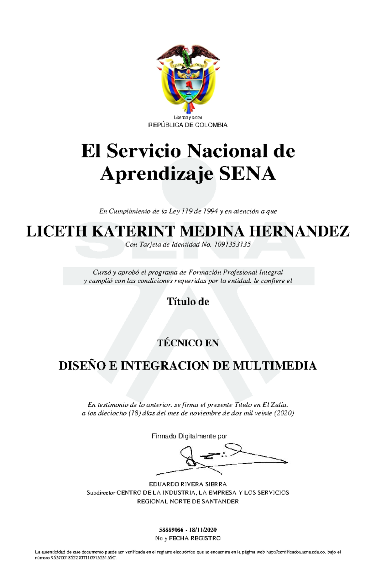 9537001855270 TI1091353135 C - S Libertad y orden REPÚBLICA DE COLOMBIA ...
