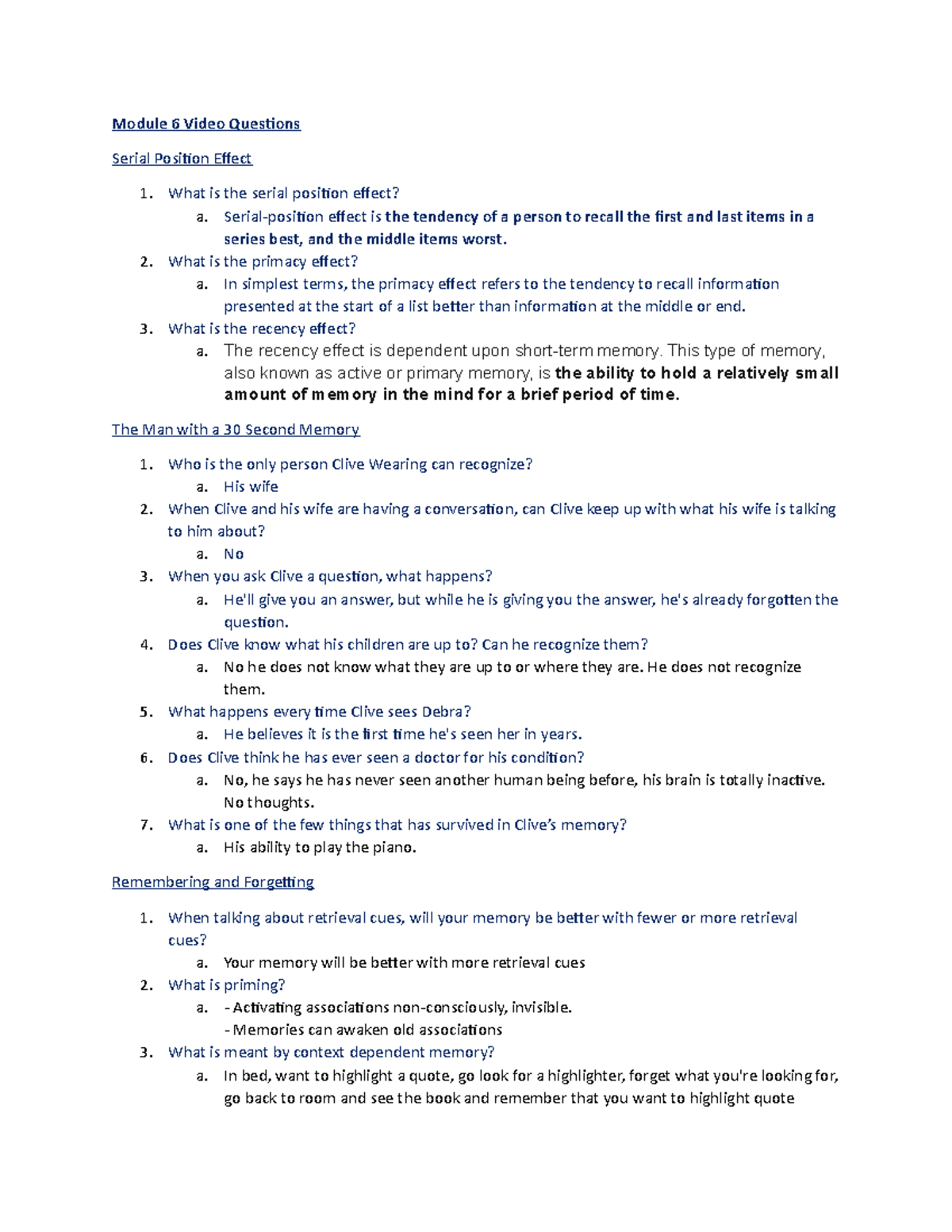 Module 6 Video Questions - Module 6 Video Questions Serial Position Effect What is the serial ...
