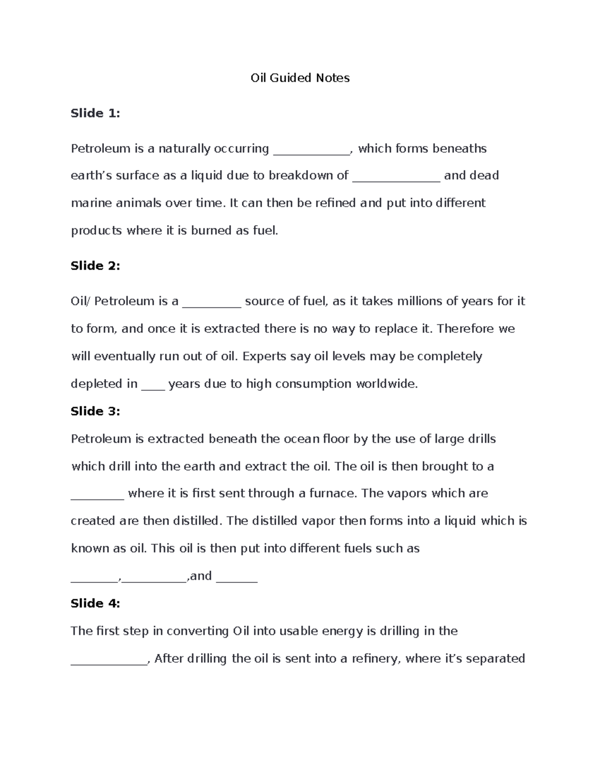 Oil Petroleum Guided Notes - Oil Guided Notes Slide 1: Petroleum is a ...