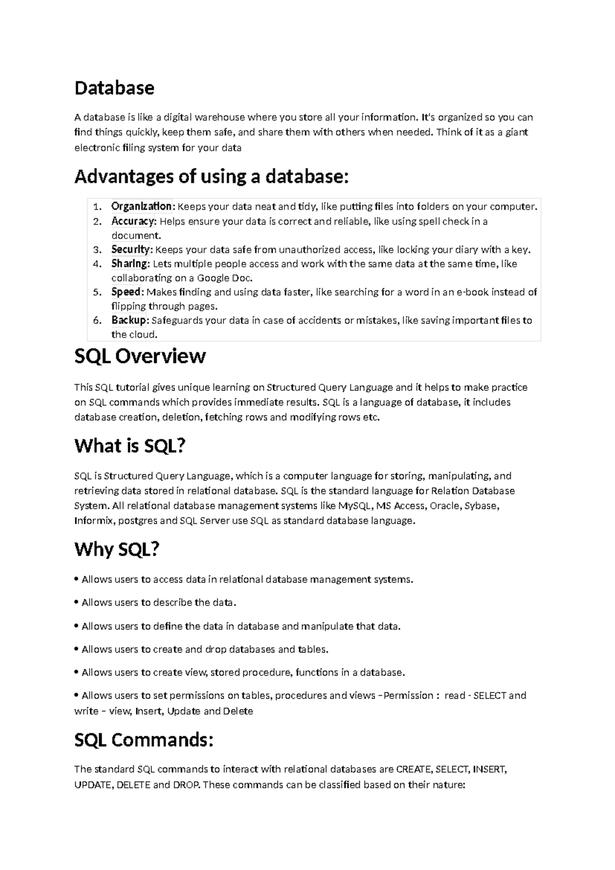 SQL Document - Database A database is like a digital warehouse where ...