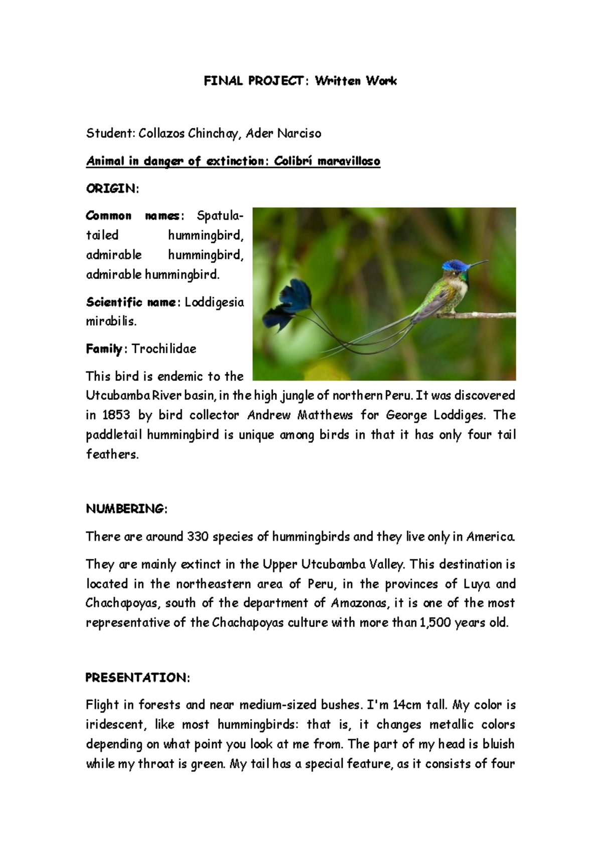 Final Project - Animal en extinción - FINAL PROJECT: Written Work Student: Collazos Chinchay ...