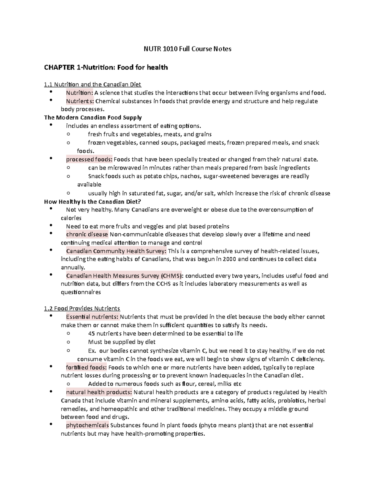 NUTR 1010 Full Course Notes - NUTR 1010 Full Course Notes CHAPTER 1 ...