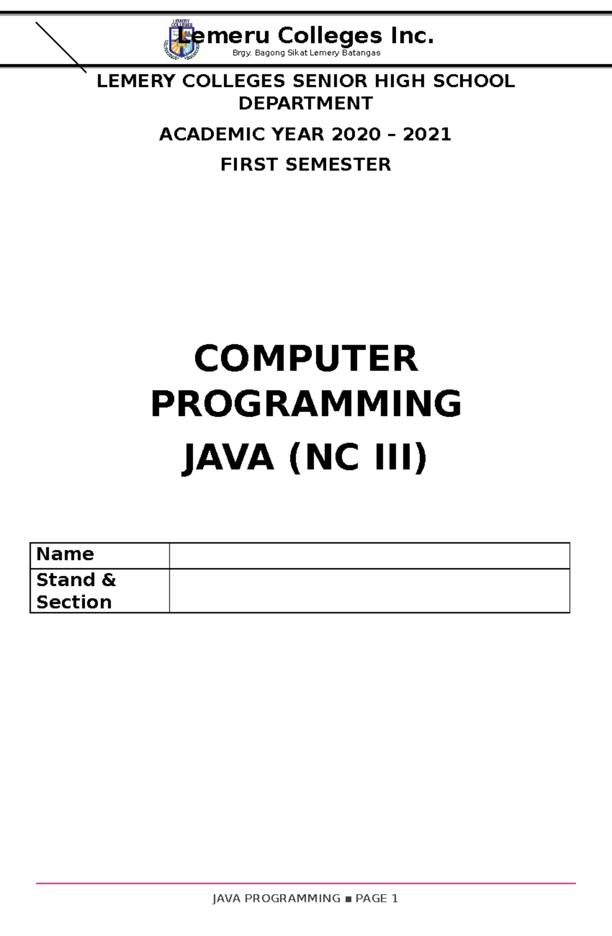 2nd Grading Java Programing Brgy Bagong Sikat Lemery Batangas Lemery Colleges Senior High