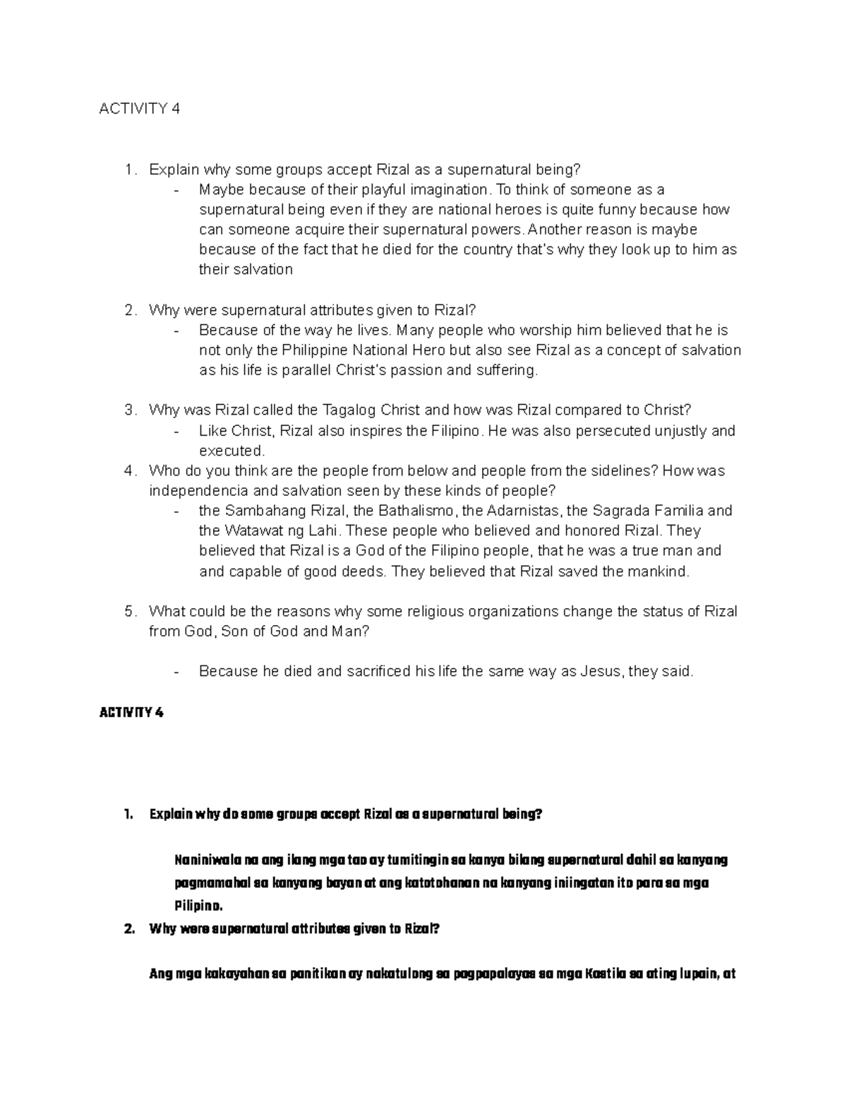 CX4 - Rizal-Chapter-4 - ACTIVITY 4 Explain why some groups accept Rizal as a supernatural being ...