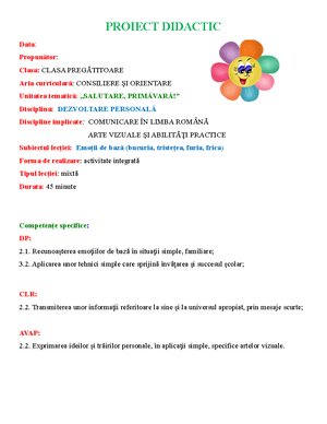 Schema orara CP - Copie - SCHEMA ORARĂ Clasa Pregătitoare An şcolar ...