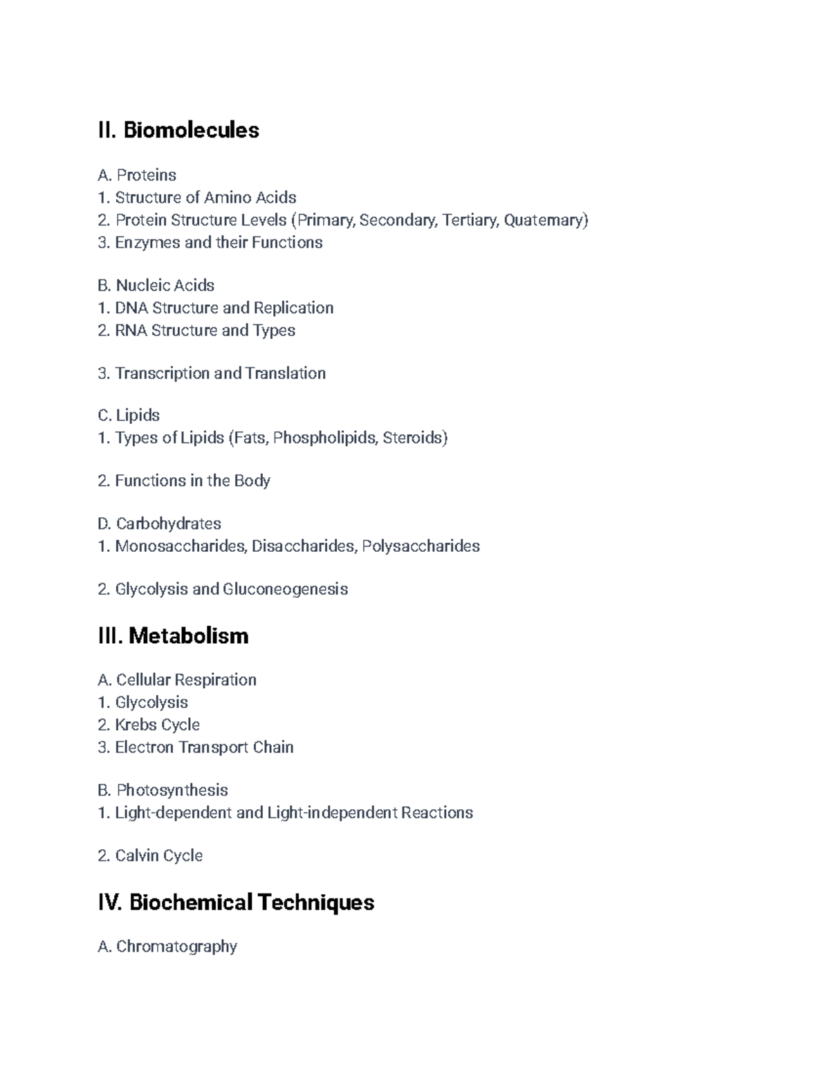 Biochemistry - examples and definitions - II. Biomolecules A. Proteins ...