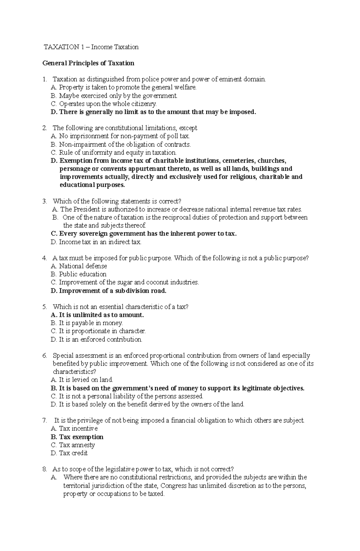INCOME TAXATION EXAMS TAXATION 1 Income Taxation General Principles