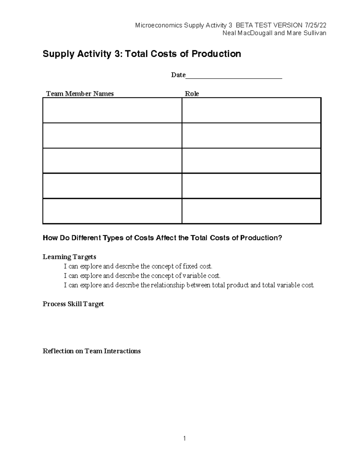 Supply activity 3 total costs of production - Neal MacDougall and Mare ...