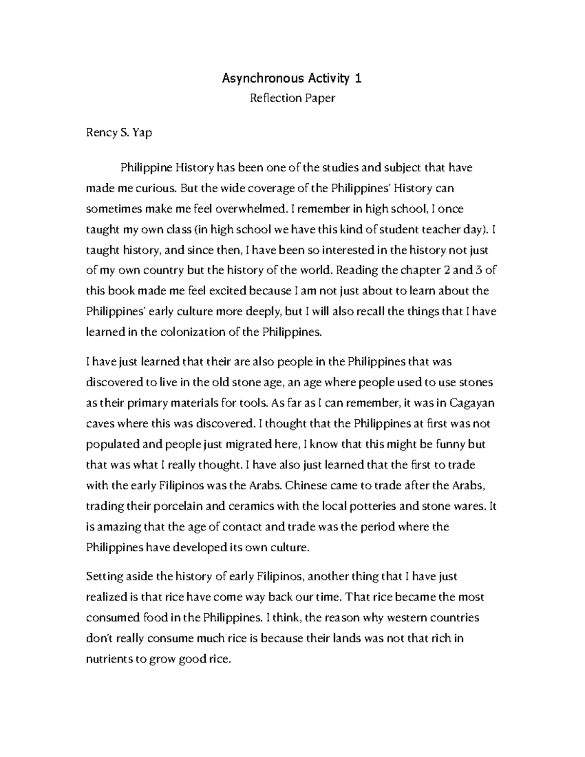 Reflection Paper RPH - Asynchronous Activity 1 Reflection Paper Rency S ...