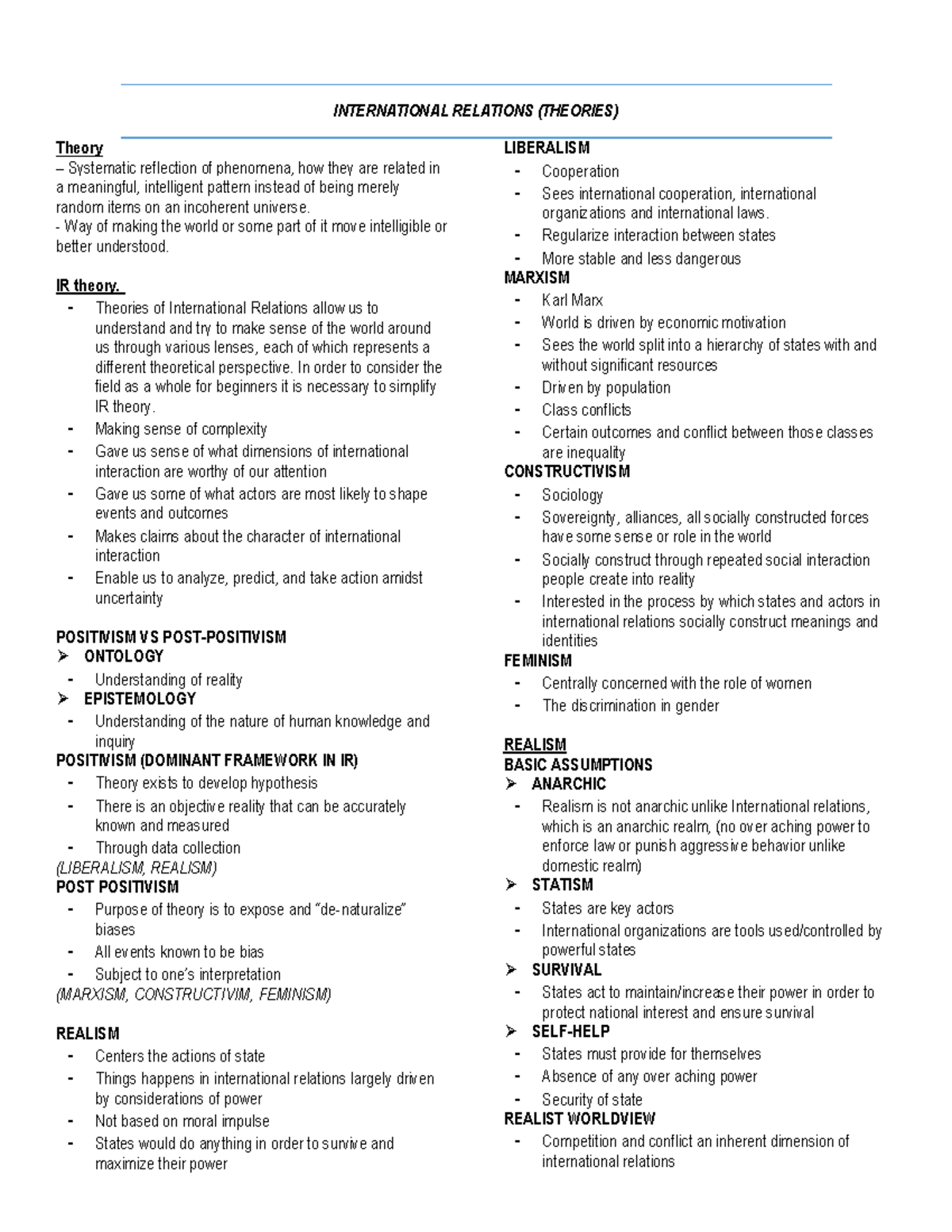 IR Theories - INTERNATIONAL RELATIONS (THEORIES) Theory – Systematic ...
