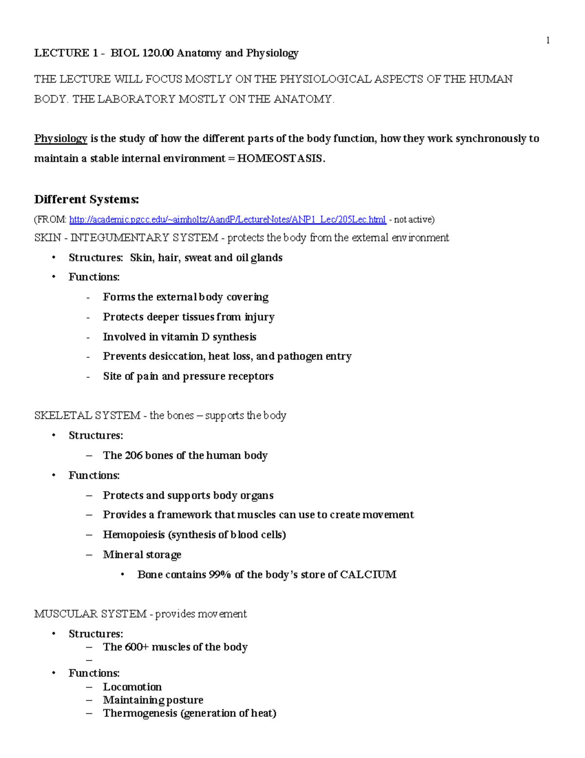 Anatomy and Physiology lecture notes 1 - 1 LECTURE 1 - BIOL 120 Anatomy ...