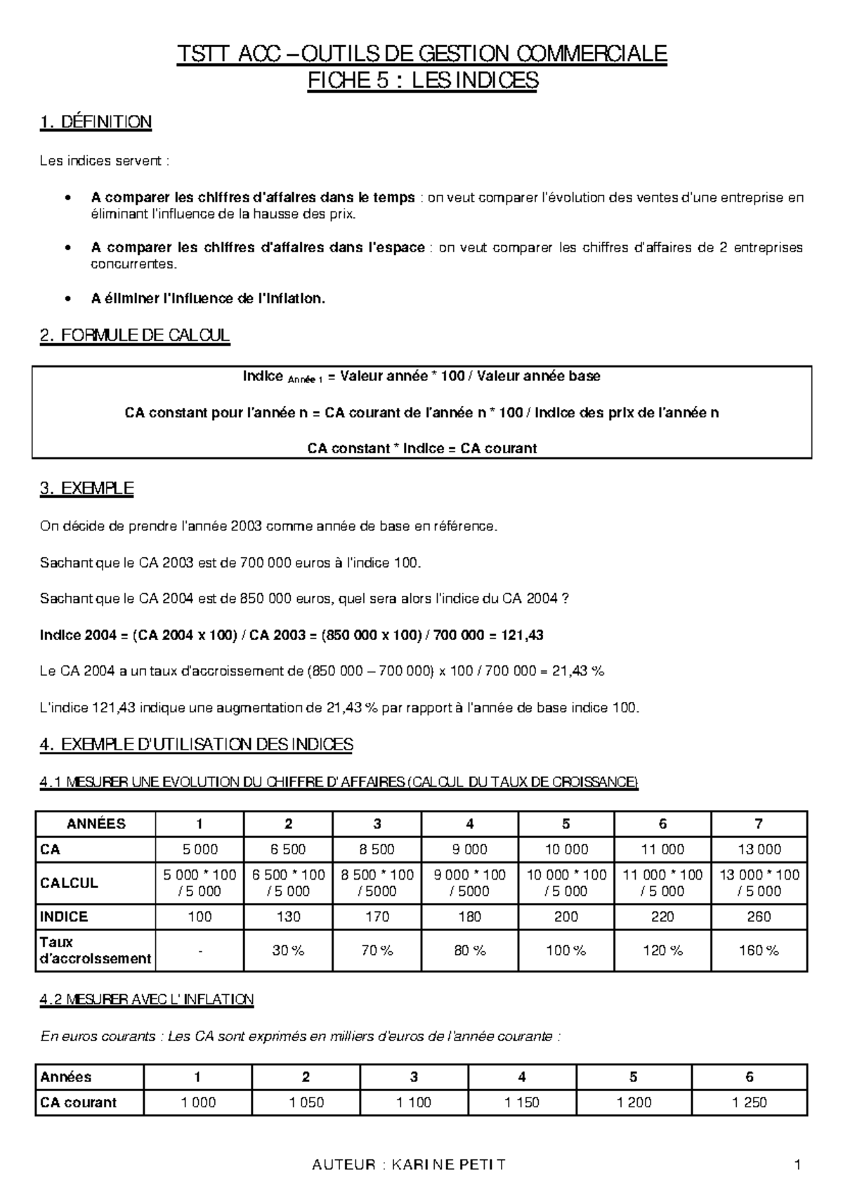 F7 les indices - TSTT ACC – OUTILS DE GESTION COMMERCIALE FICHE 5 : LES ...
