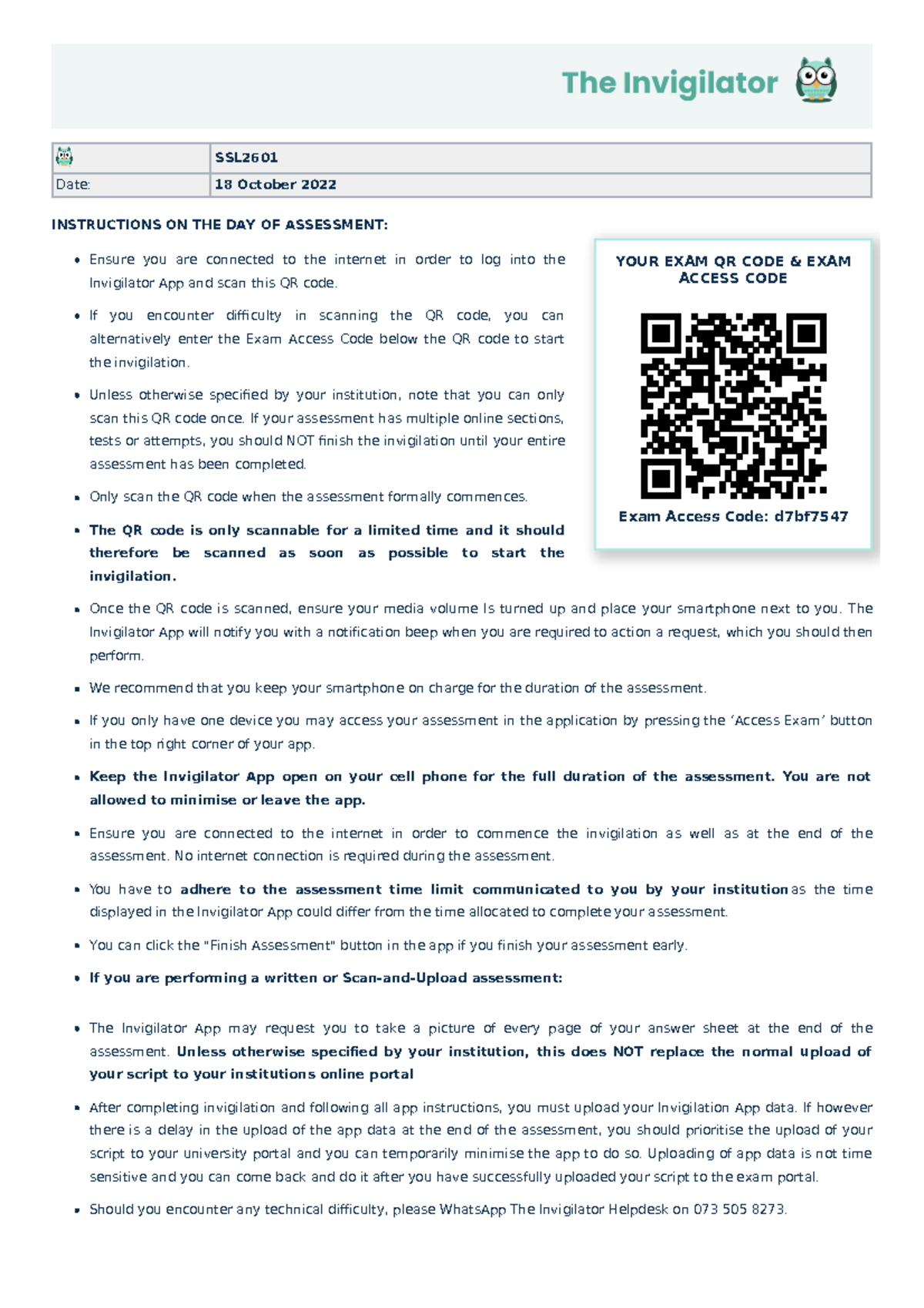 QR Code And Student Instruction Document SSL2601 YOUR EXAM QR CODE