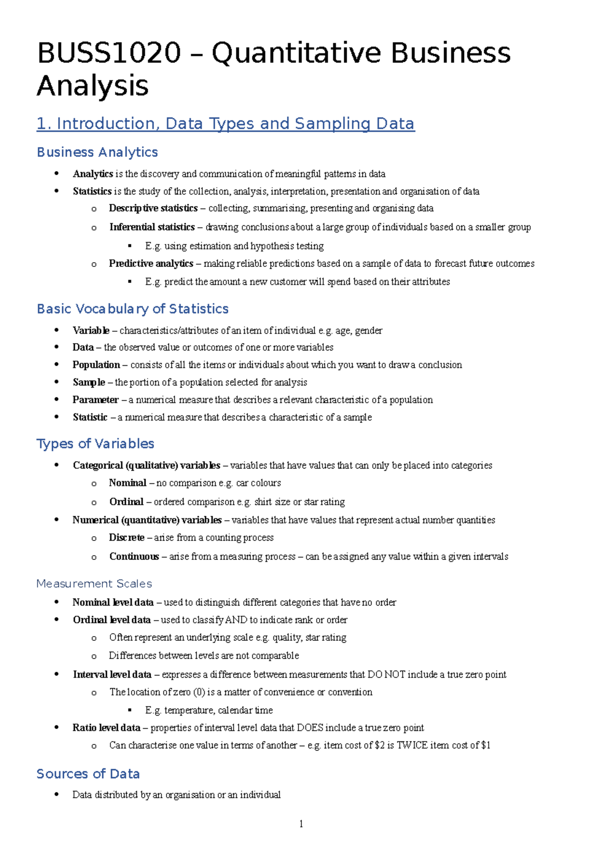 BUSS1020-Final-Notes - BUSS1020 – Quantitative Business Analysis 1 ...