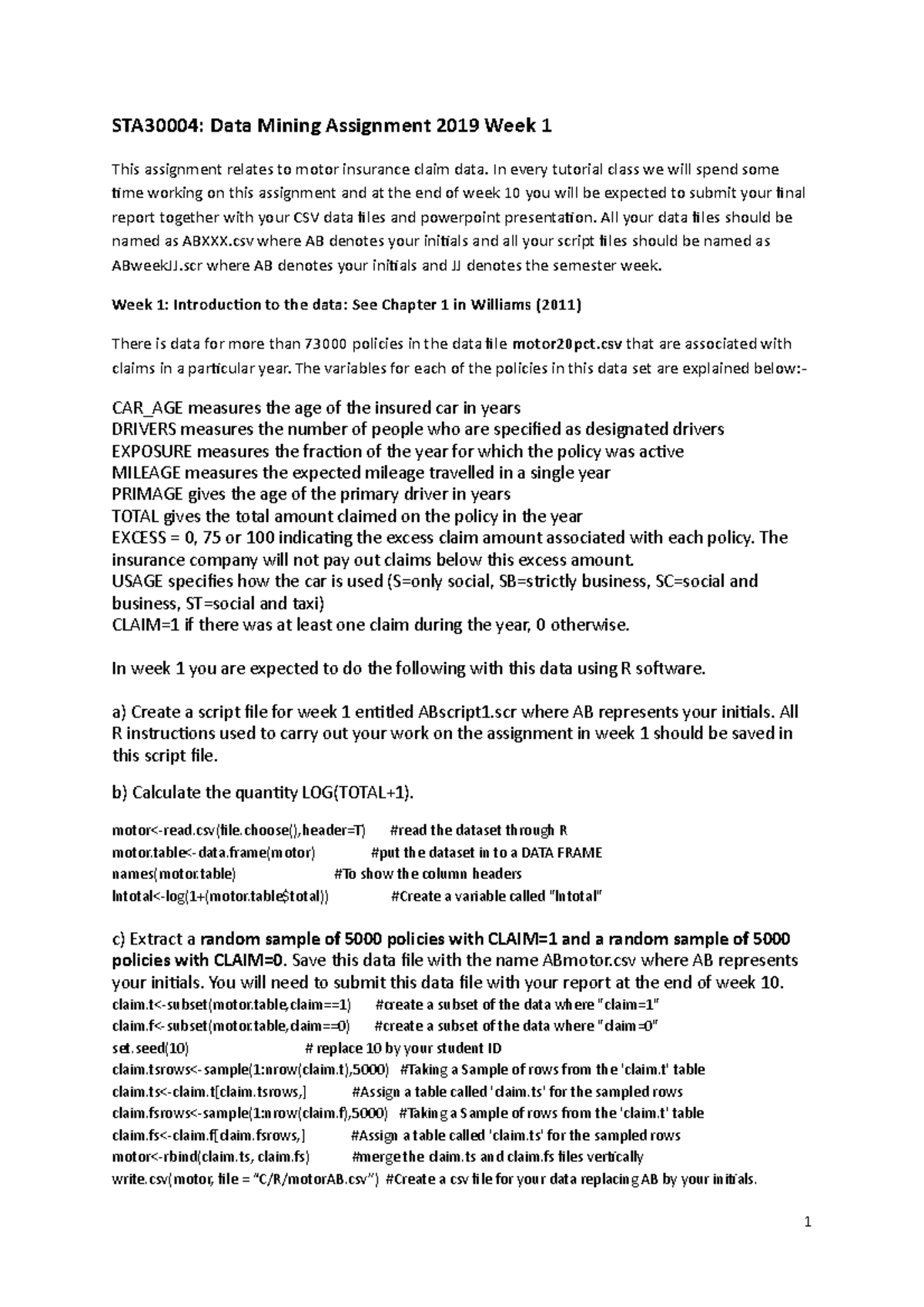 STA30004 week 1 tutorial - STA30004: Data Mining Assignment 2019 Week 1 ...
