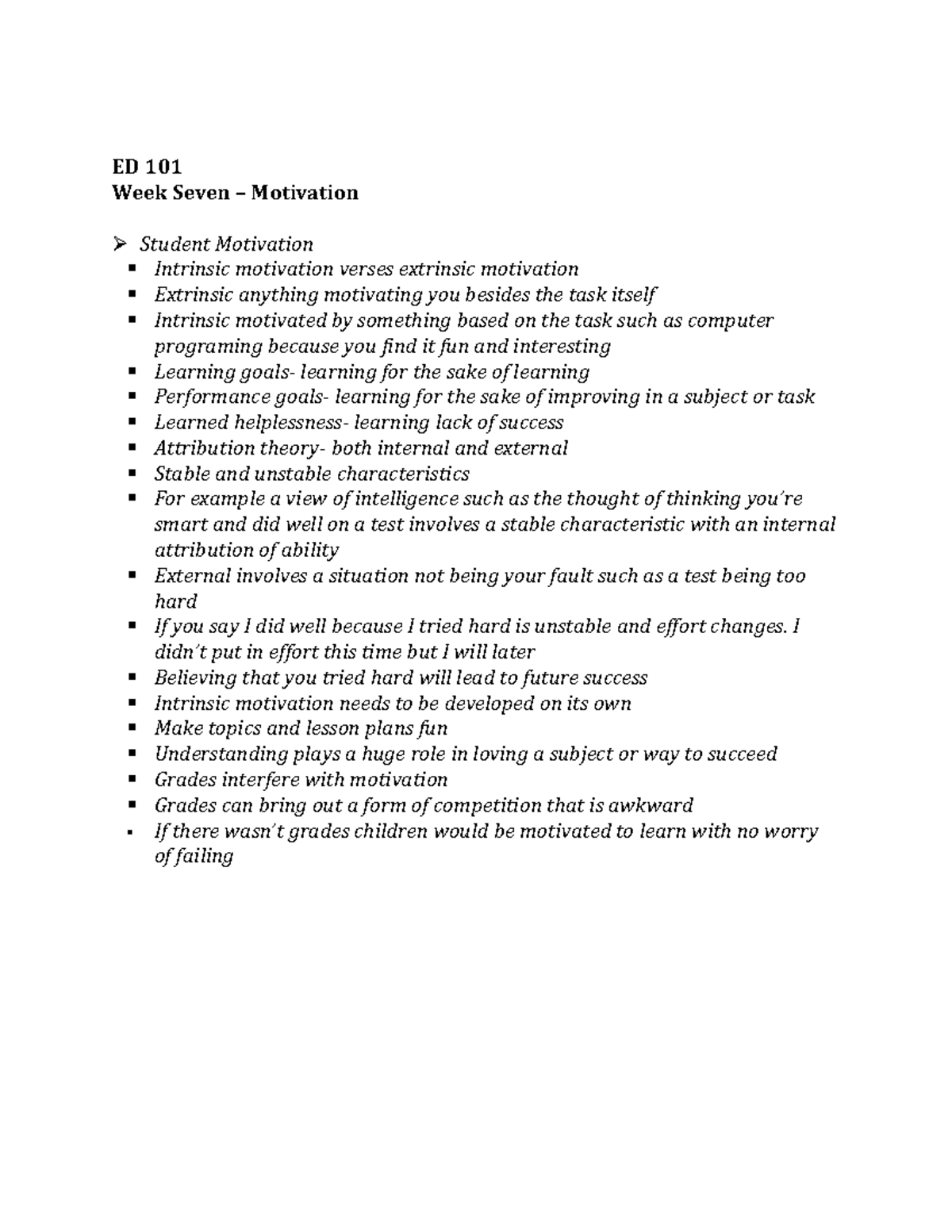 Motivational Learning - ED 101 Week Seven – Motivation Student ...