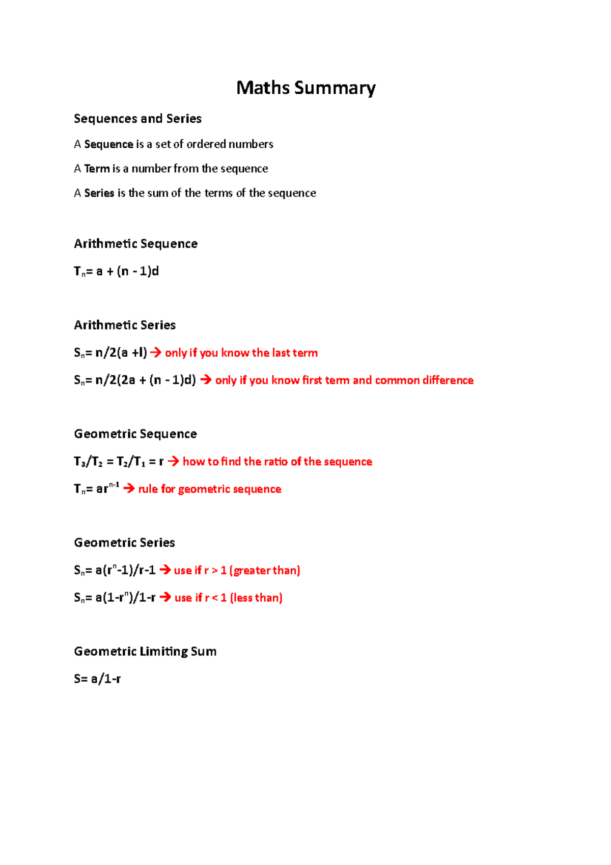 Yr 12 Maths Summary - Study notes of start of year 12 course - Maths ...