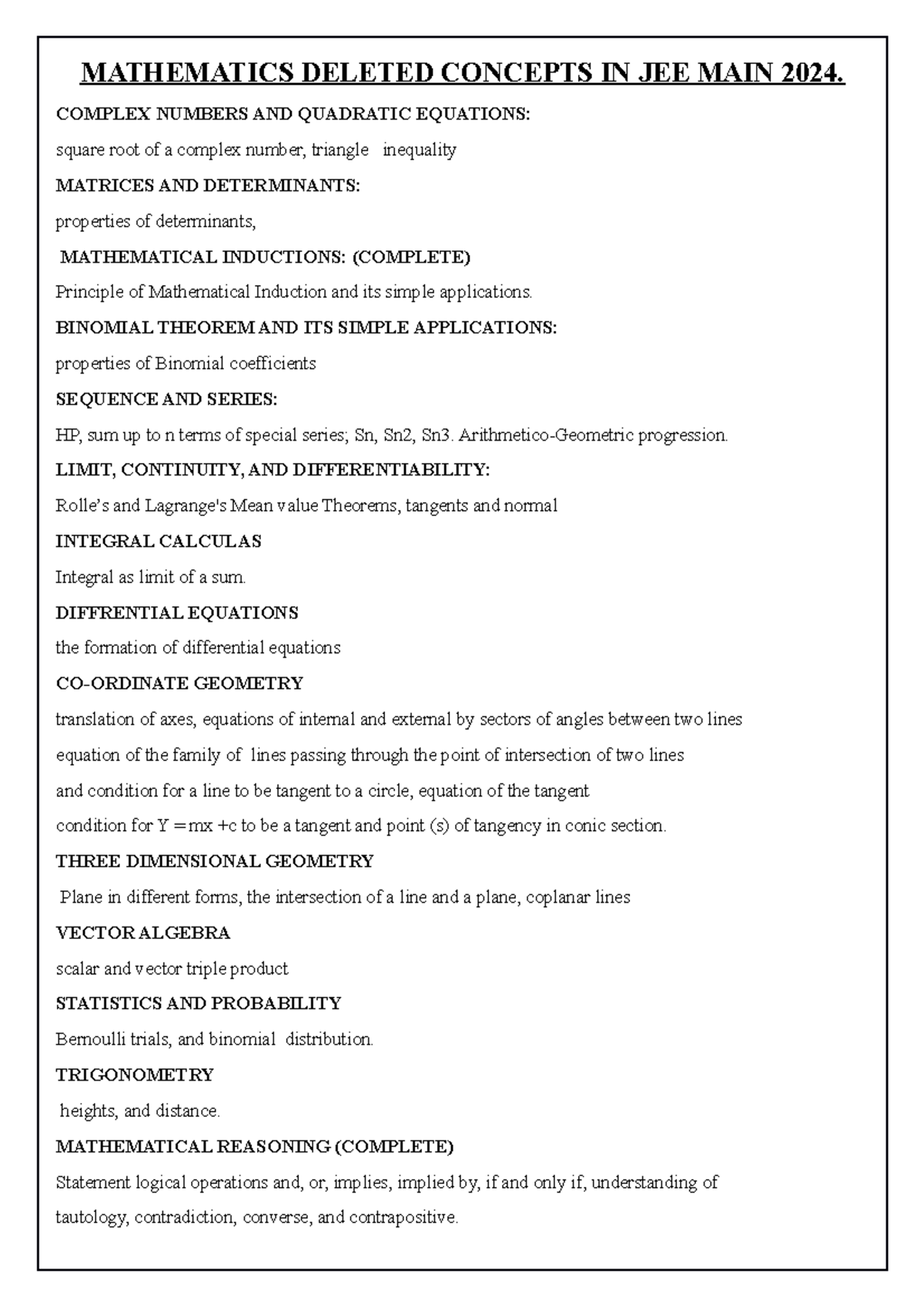 Mathematics Deleted Concepts IN JEE MAIN 2024 - MATHEMATICS DELETED ...