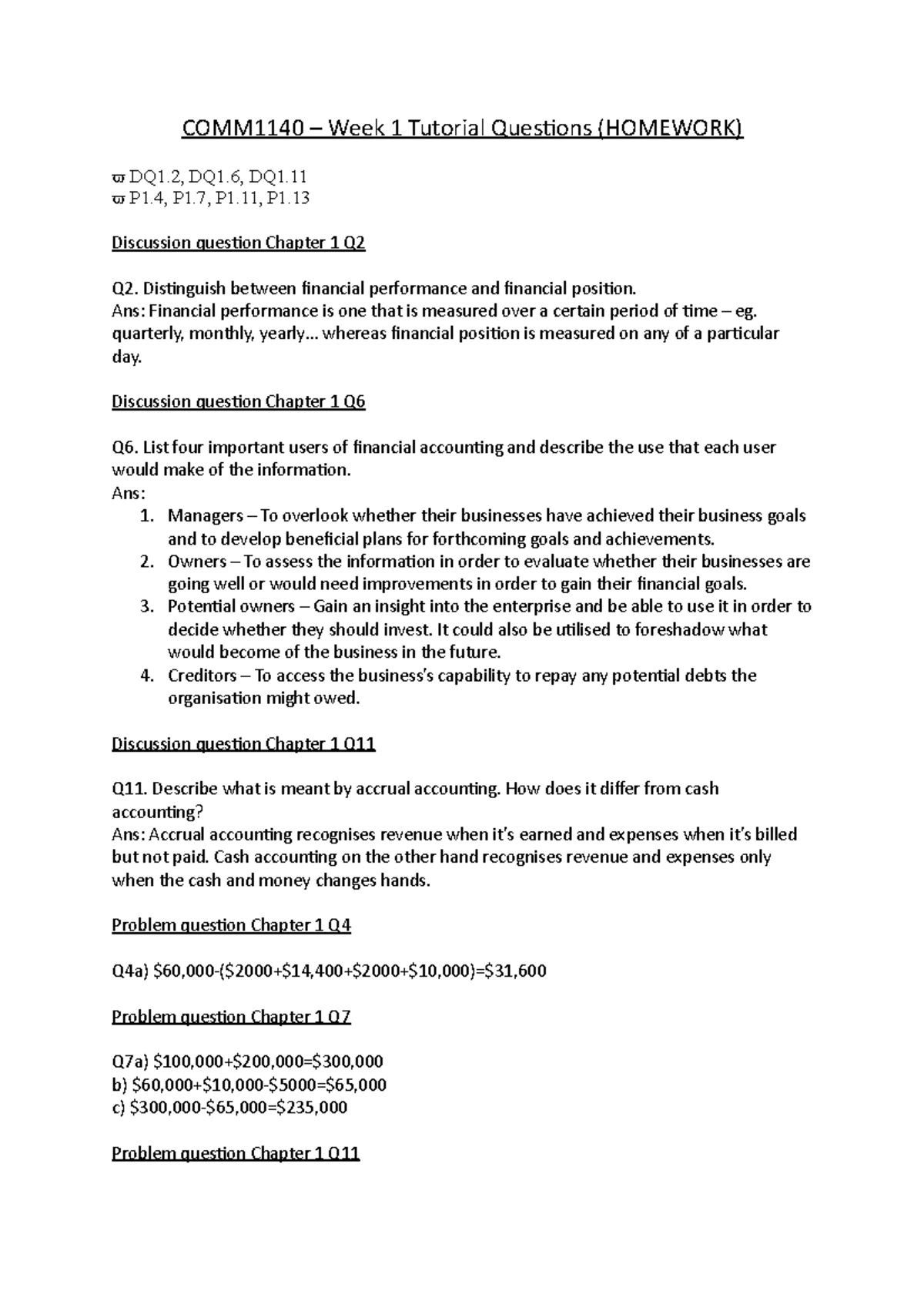 Week 1 - Tutorial Homework - COMM1140 – Week 1 Tutorial Questions (HOMEWORK) DQ1, DQ1, DQ1. P1 ...